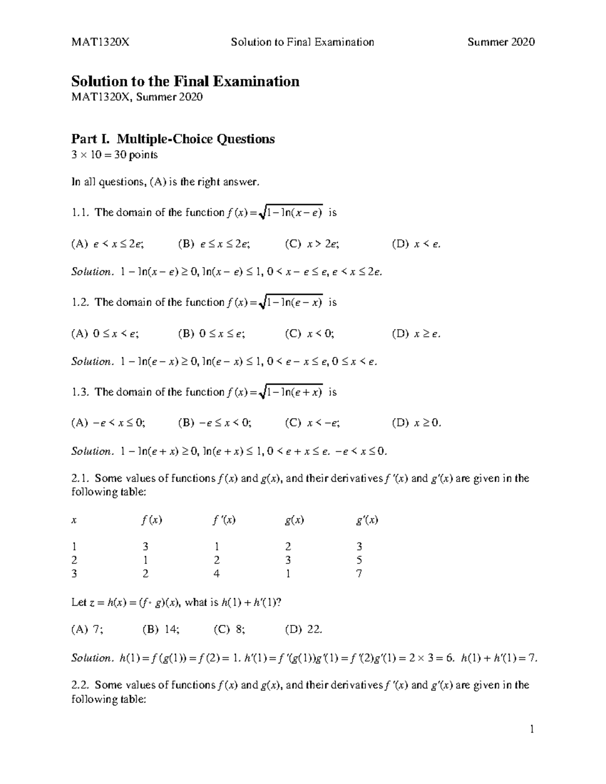 MAT1320 Final Exam (With Solutions) - Solution to the Final Examination ...