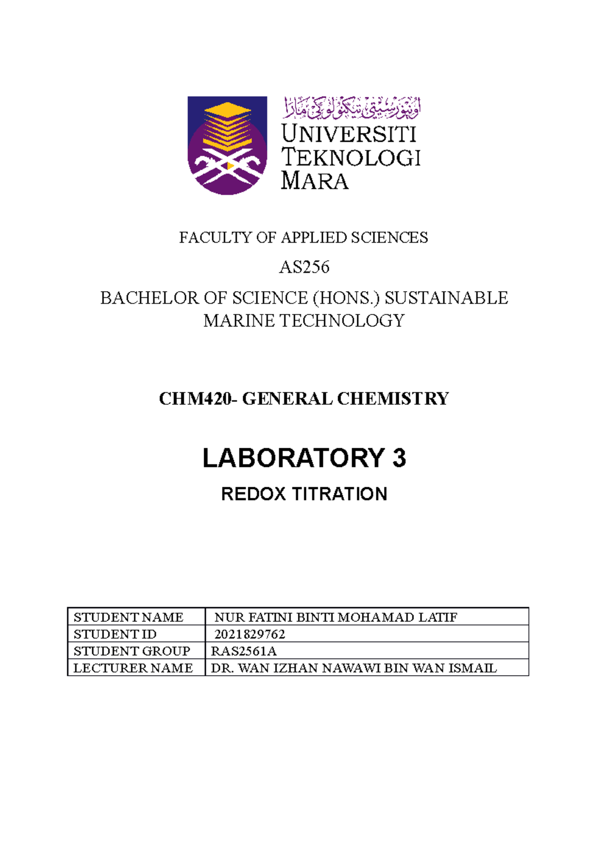 experiment 3 redox titration - organic chemistry - UiTM - Studocu