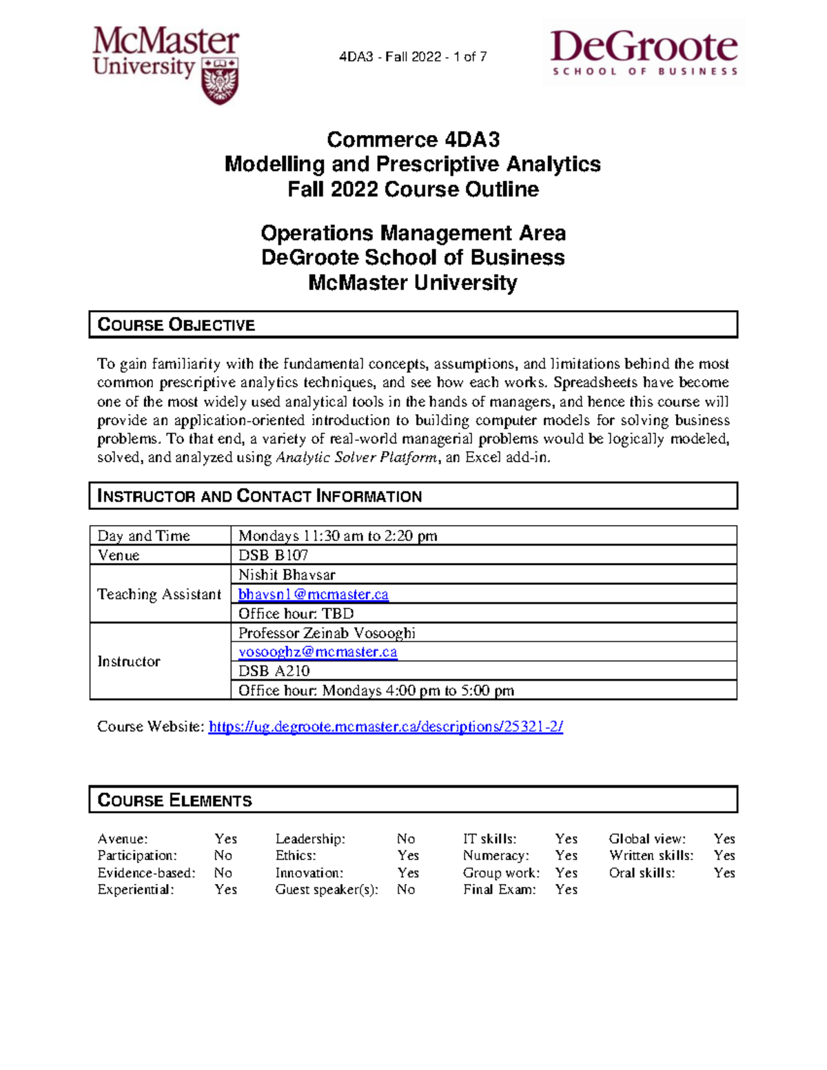 COMM 4DA3 F22 course outline Vosooghi - Commerce 4DA Modelling and ...