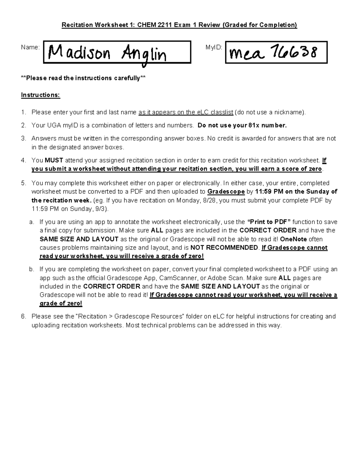 CHEM 2211 Recitation 01 (Exam 1 Review) - Recitation Worksheet 1: CHEM ...