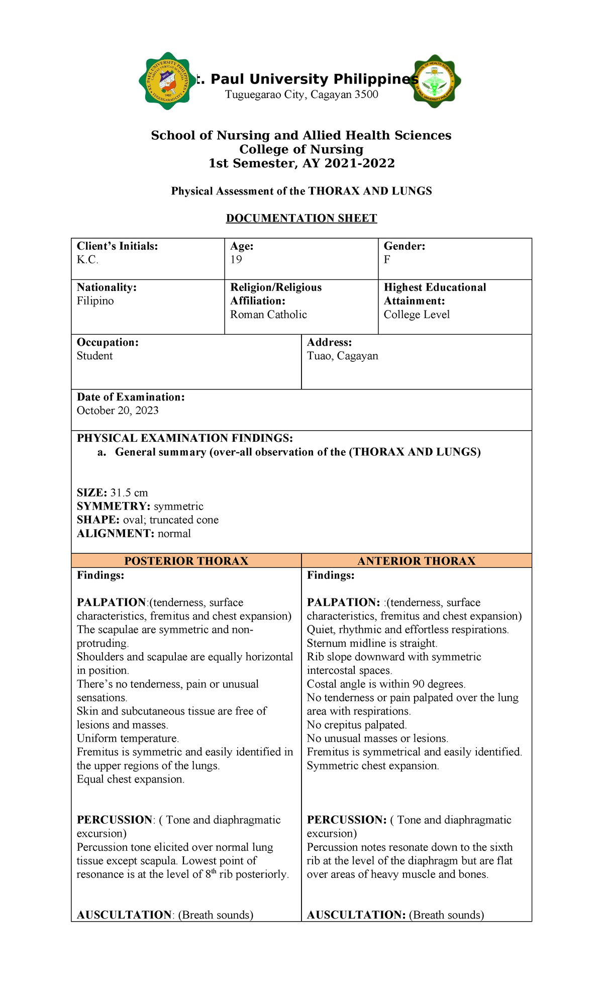 Documentation form for thorax and lungs - St. Paul University ...