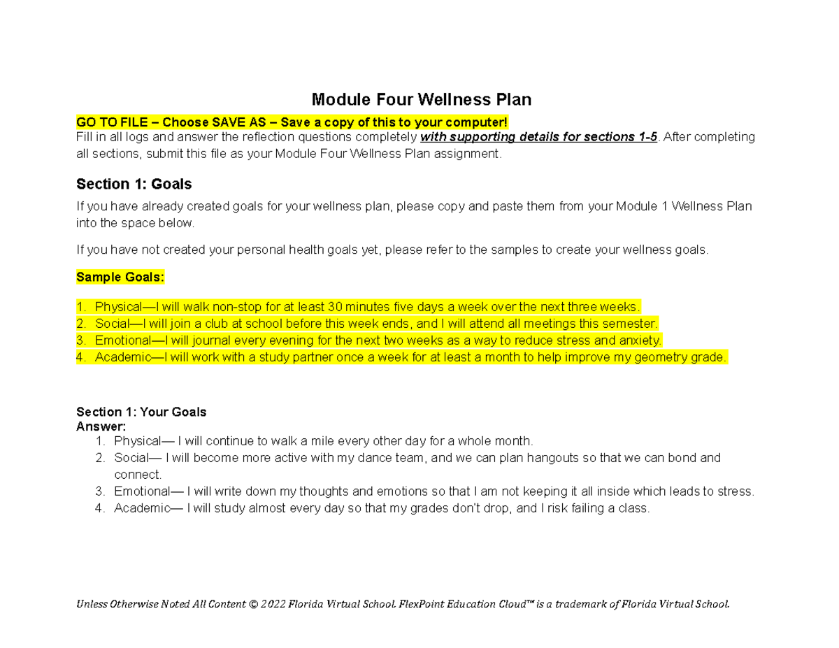 Module four wellness plan - Module Four Wellness Plan GO TO FILE – Choose SAVE AS – Save a copy ...