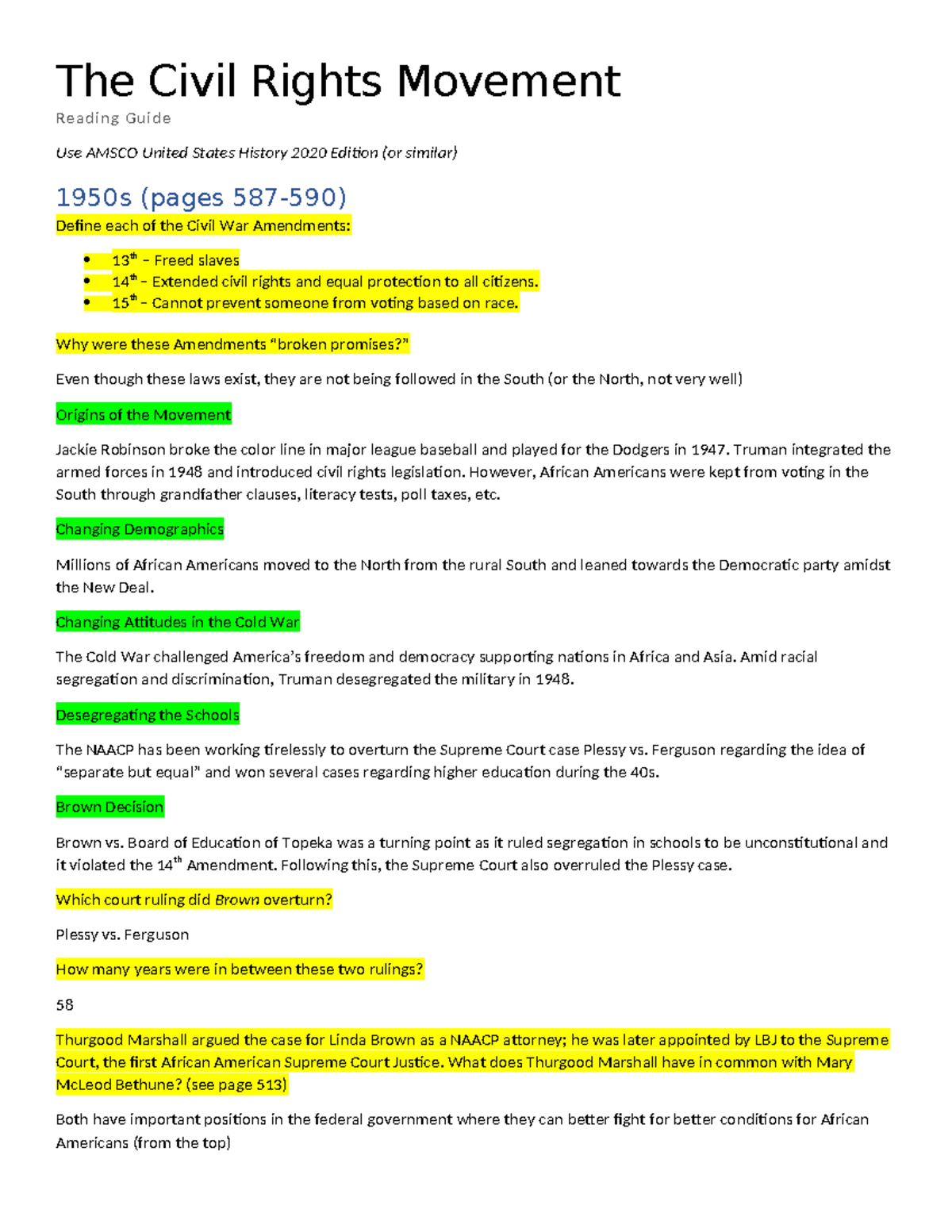 The Civil Rights Movement Reading Guide - The Civil Rights Movement ...