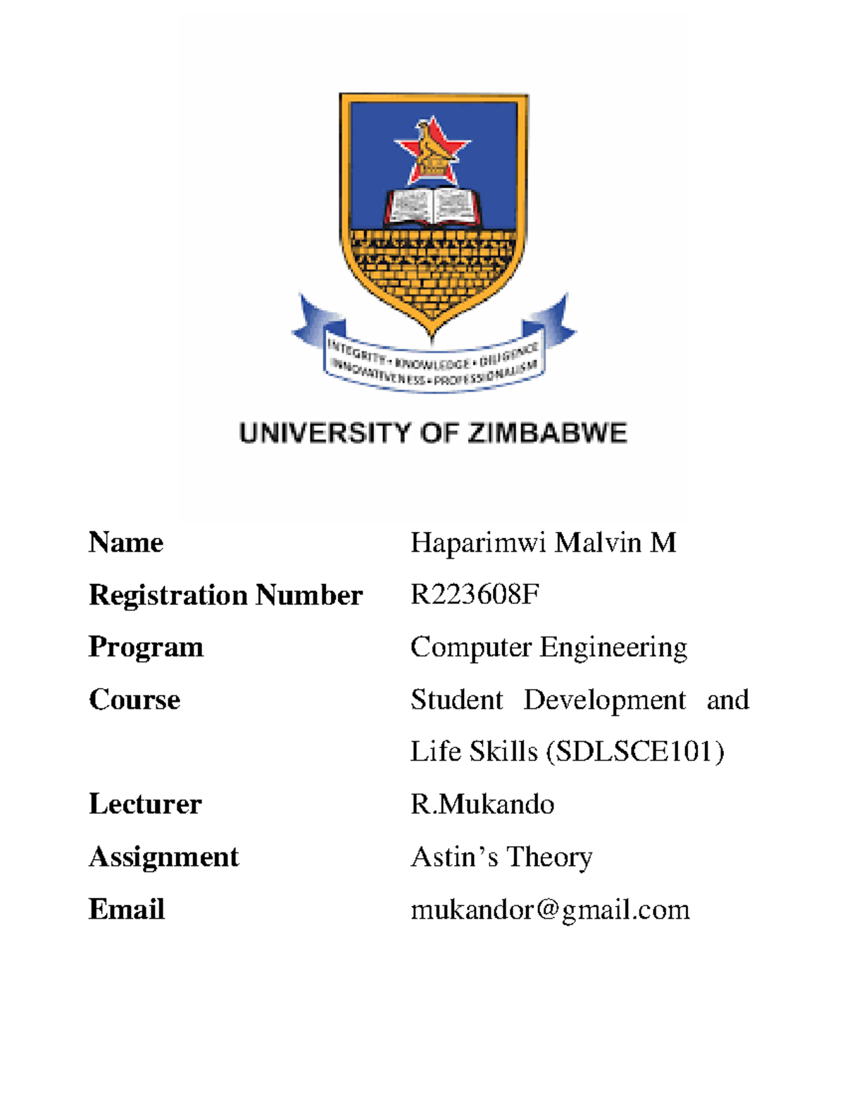 Sdls assignment 2 mumu - Name Haparimwi Malvin M Registration Number ...