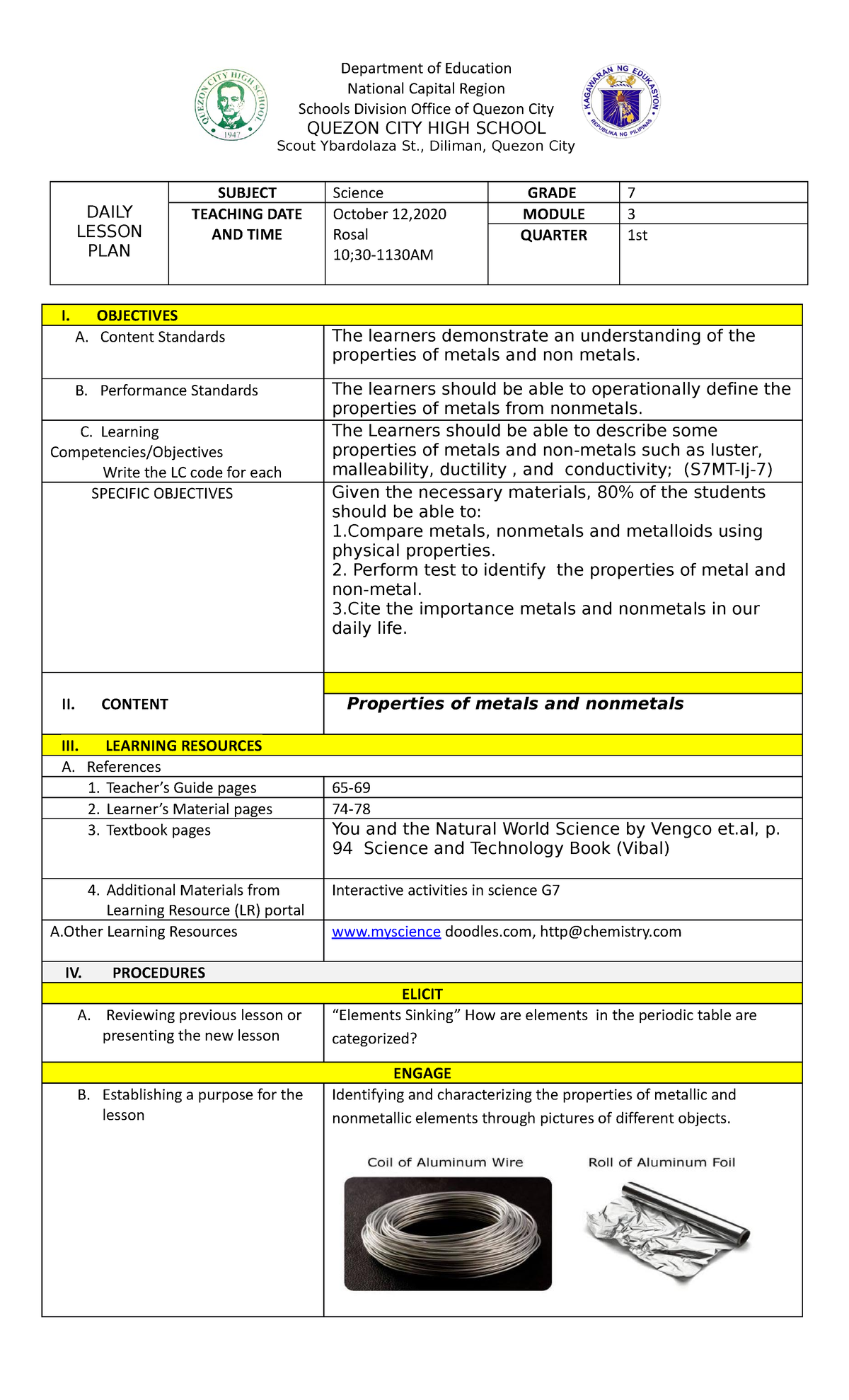519089427 COT 1 DLL Metals and Non Metals New Normal - DAILY LESSON PLAN SUBJECT Science GRADE 7 ...