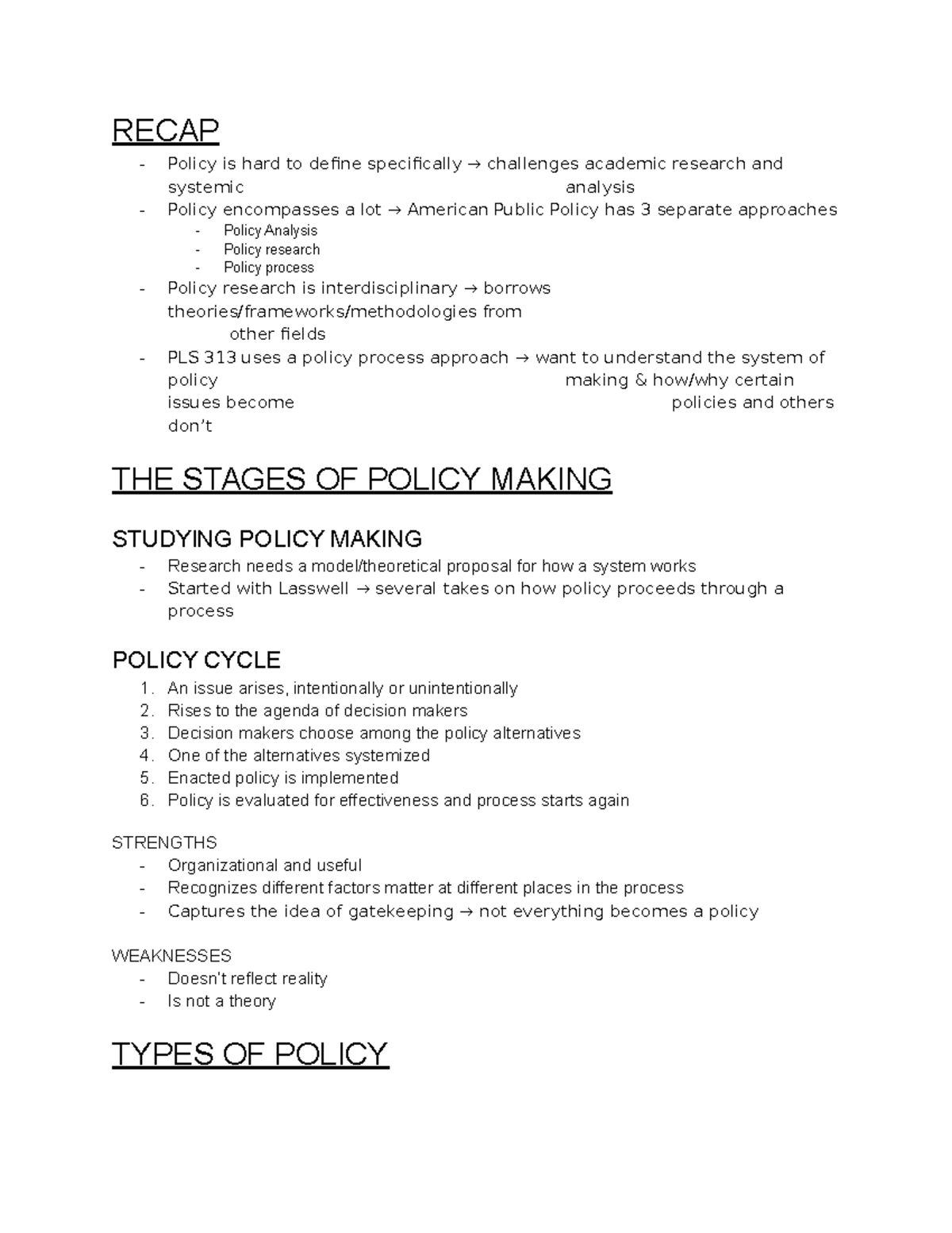Policy Cycle Stages Model and Policy Typology Notes - RECAP Policy is ...