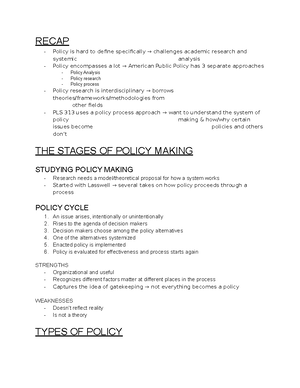 Policy Cycle Stages Model and Policy Typology Notes - RECAP Policy is ...