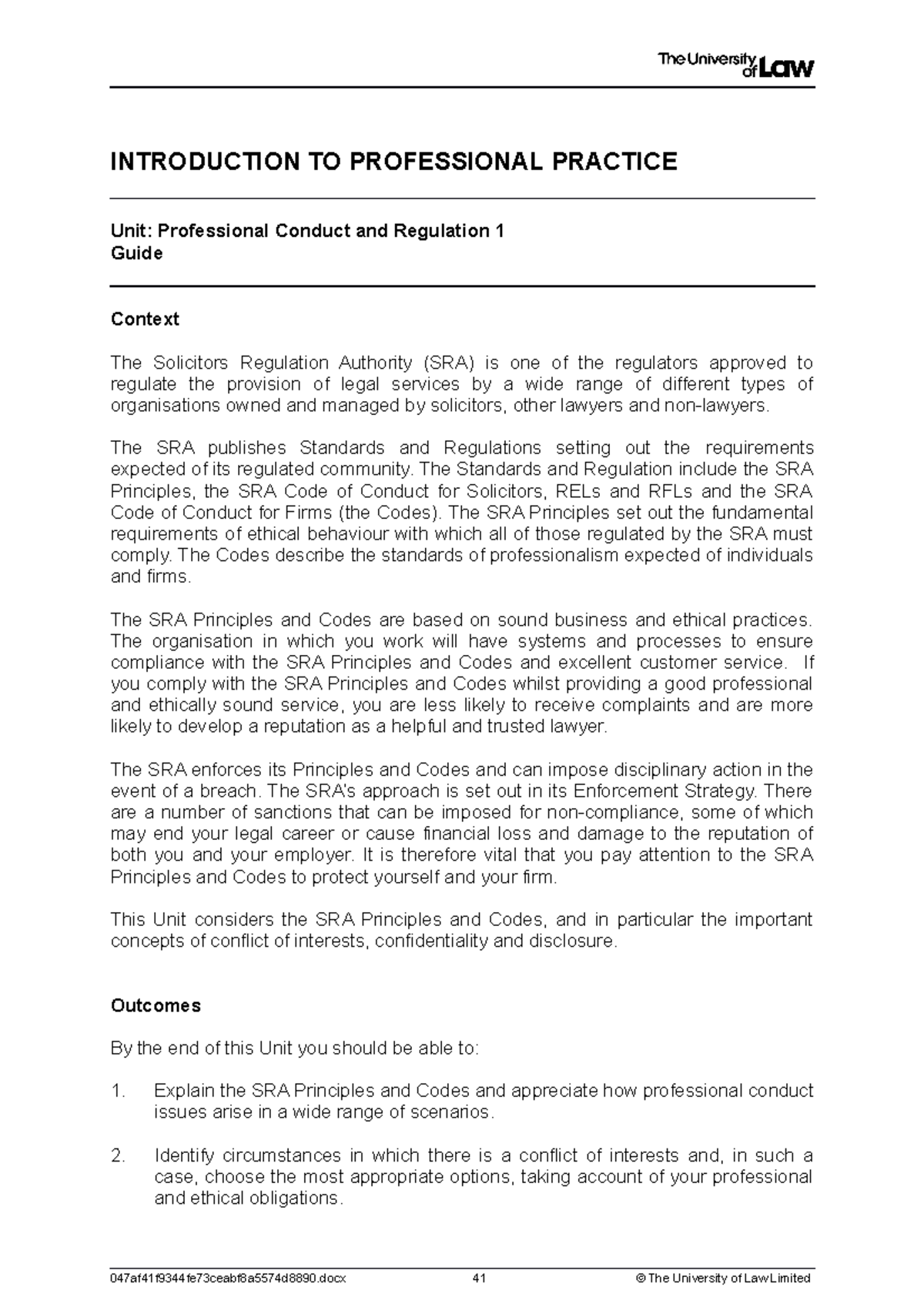 Unit Guide - Professional Conduct 1 - INTRODUCTION TO PROFESSIONAL ...