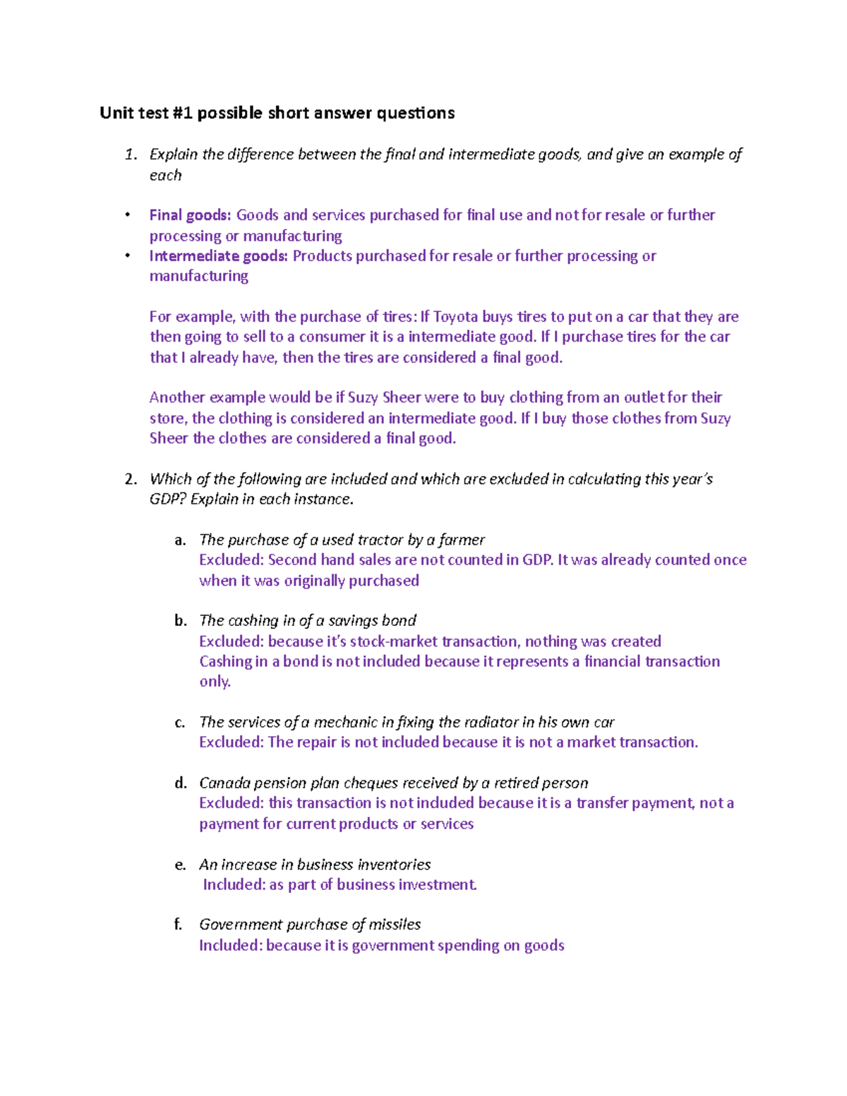 Unit Test Short Answer Questions: GDP Economic Growth Multiplier ...