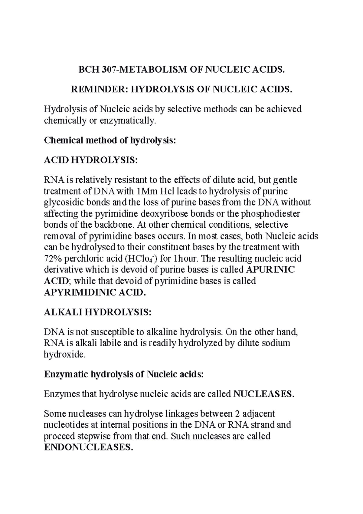471 BCH 307- Lecture NOTE ON WEB - BCH 307-METABOLISM OF NUCLEIC ACIDS ...