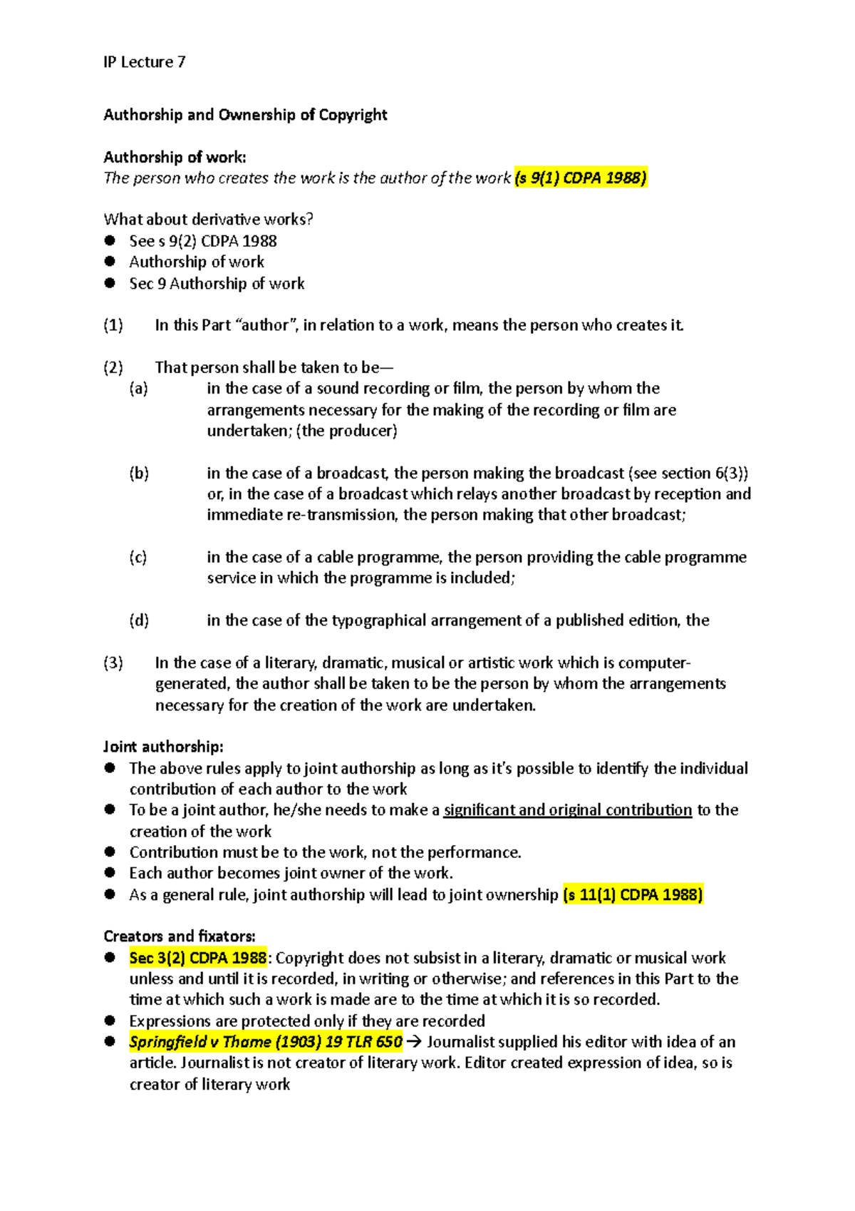 IP Lecture 7 - Authorship and Ownership of Copyright - Authorship and ...