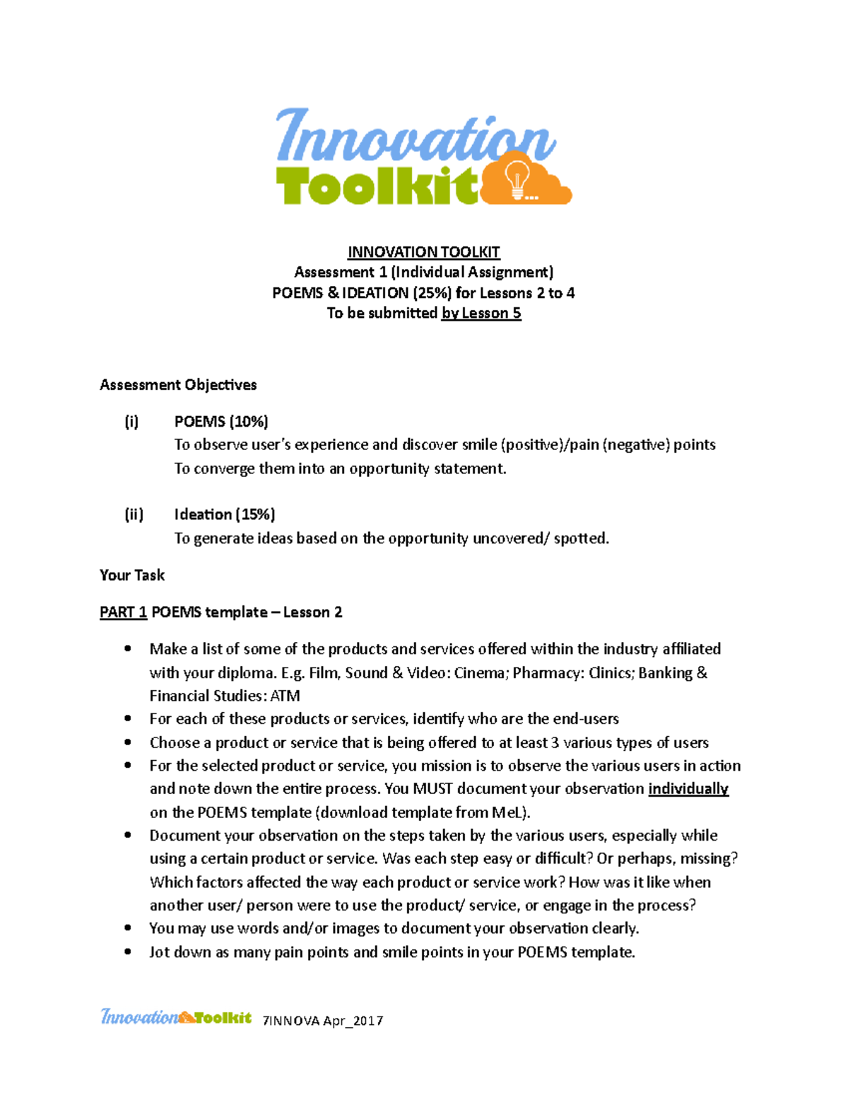 ASST 1 Poems and Ideation TASK Sheet - INNOVATION TOOLKIT Assessment 1 ...