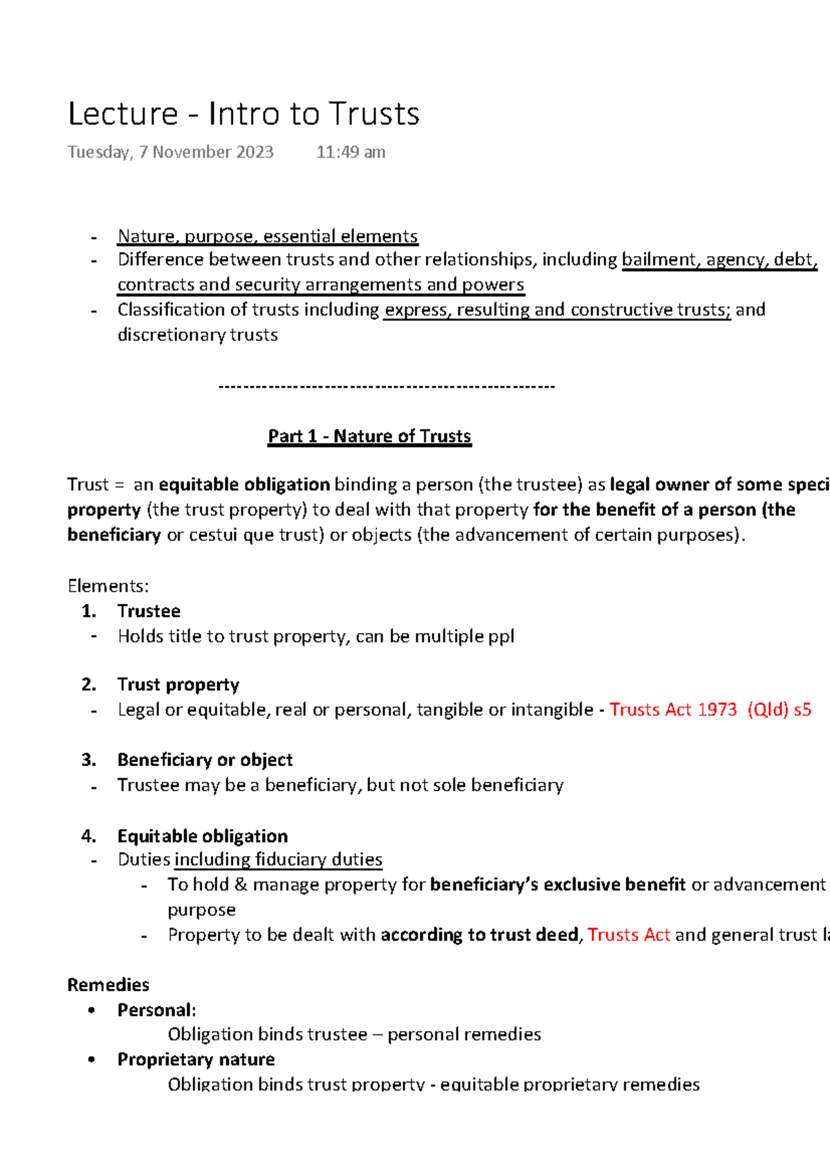Lecture - Intro to Trusts - Nature, purpose, essential elements Difference between trusts and ...