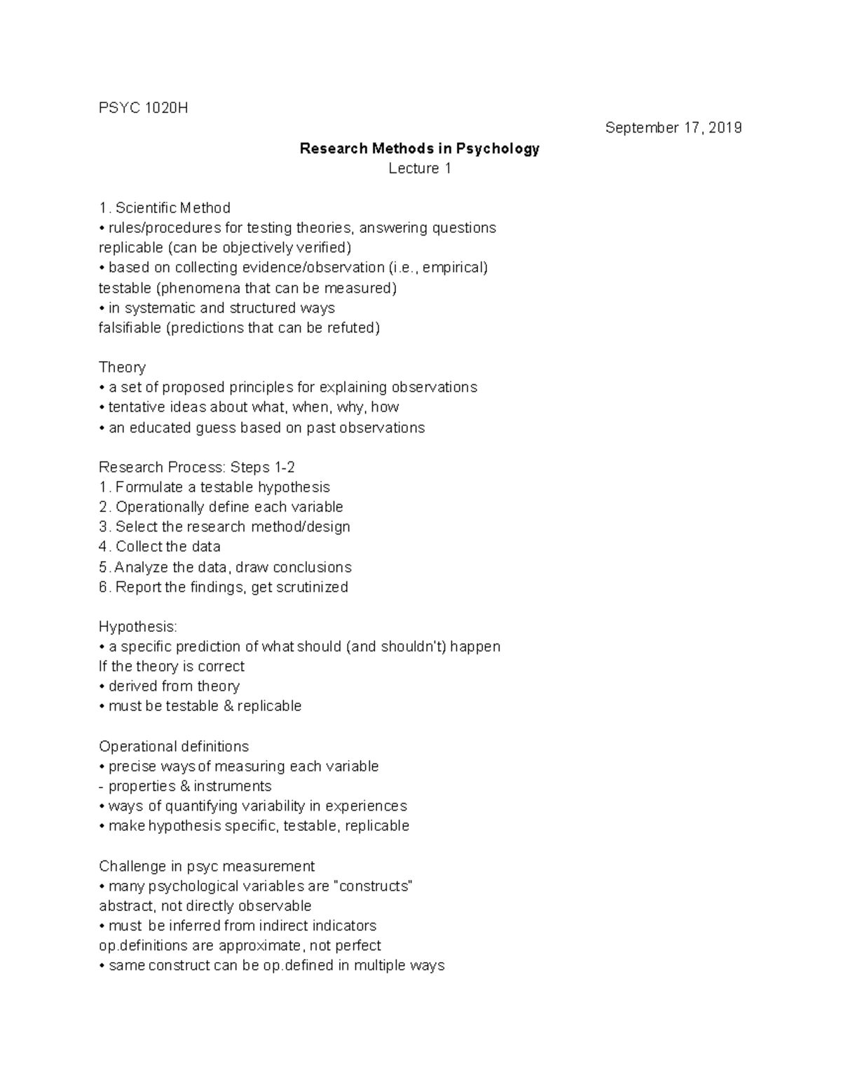 PSYC Lecture notes 1 - PSYC 1020H September 17, 2019 Research Methods ...