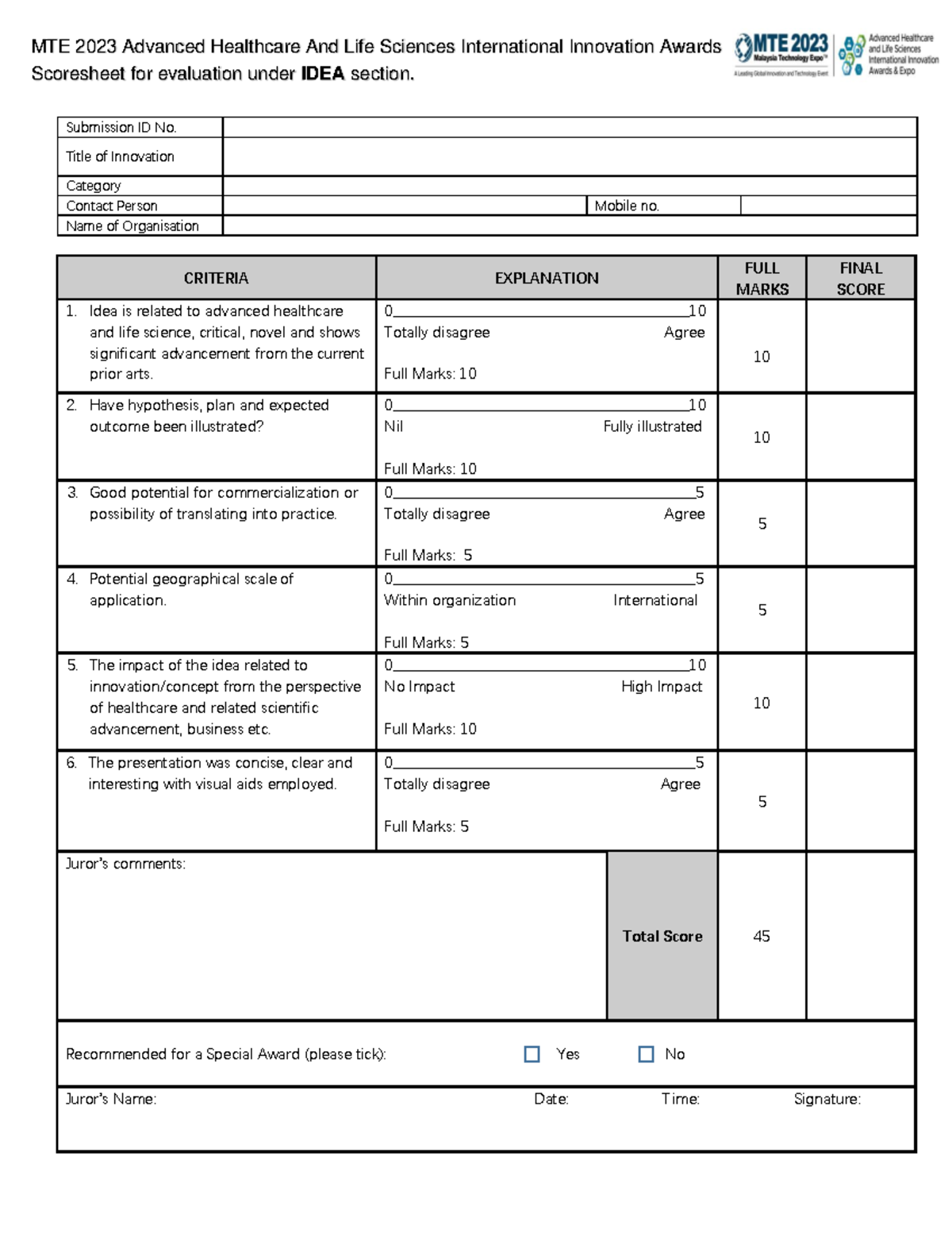 MTE 2023 - Scoresheet Evaluation (Idea) - MTE 2023 Advanced Healthcare ...