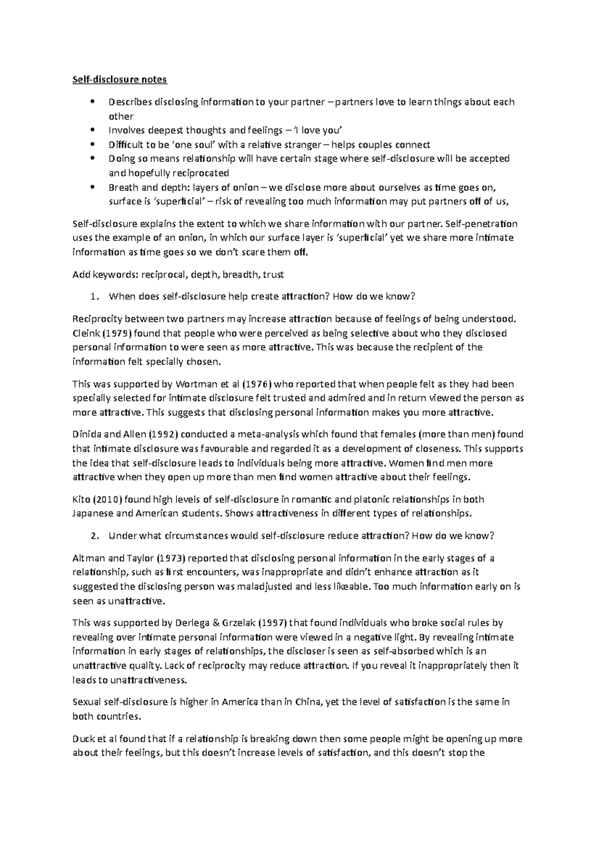 Self disclosure theory - Self-disclosure notes Describes disclosing ...