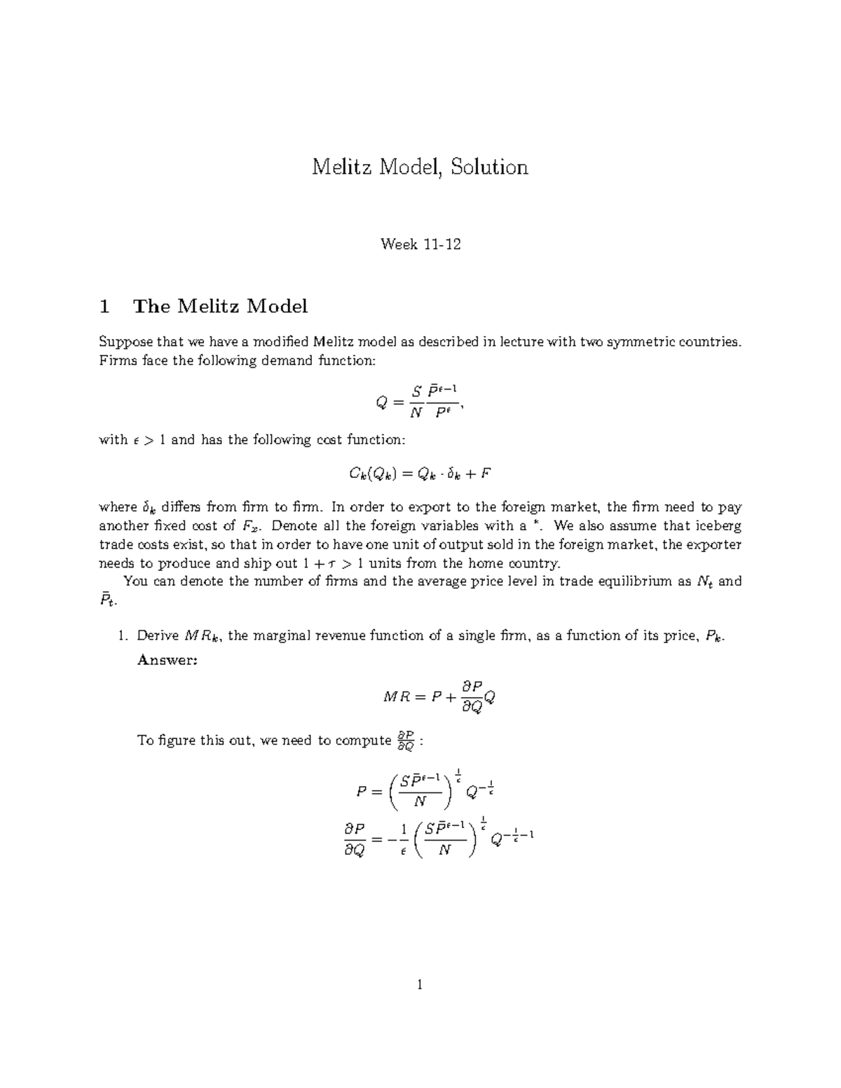EC3342 Tutorial 11 Solution AY2020/21 Lecture 11 - Melitz Model ...