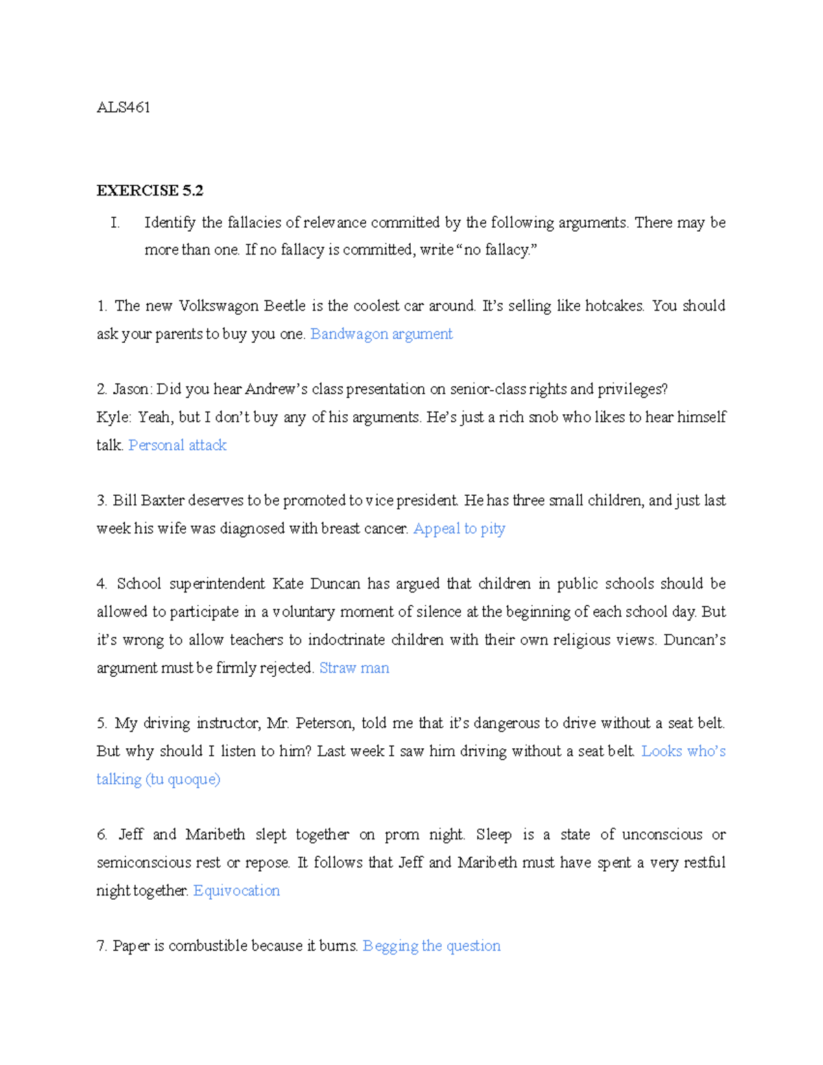 Exercise 5.2 (I) chapter 5 critical thinking book - ALS EXERCISE 5. I ...