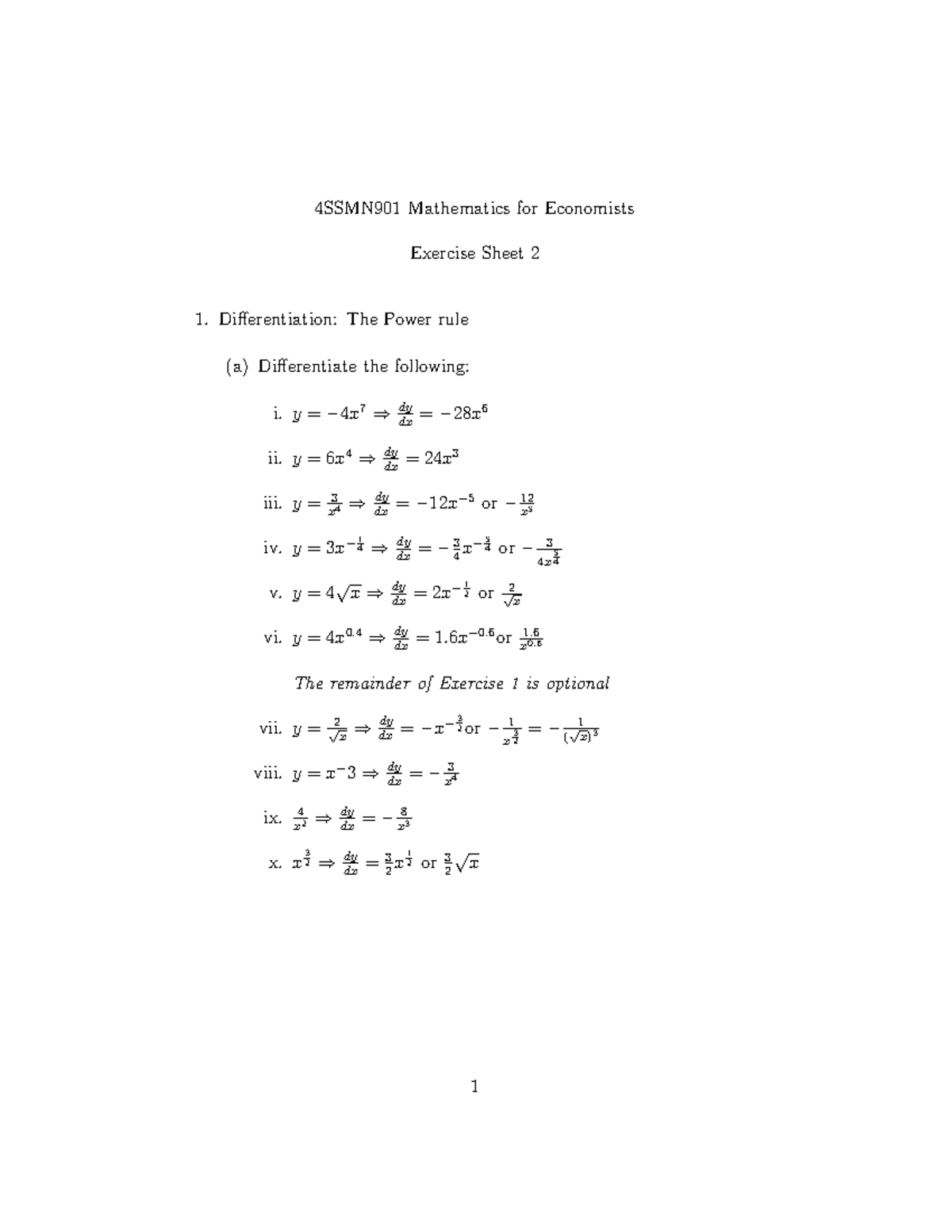 Exercise Sheet 2 Solution - 4SSMN901 Mathematics for Economists ...