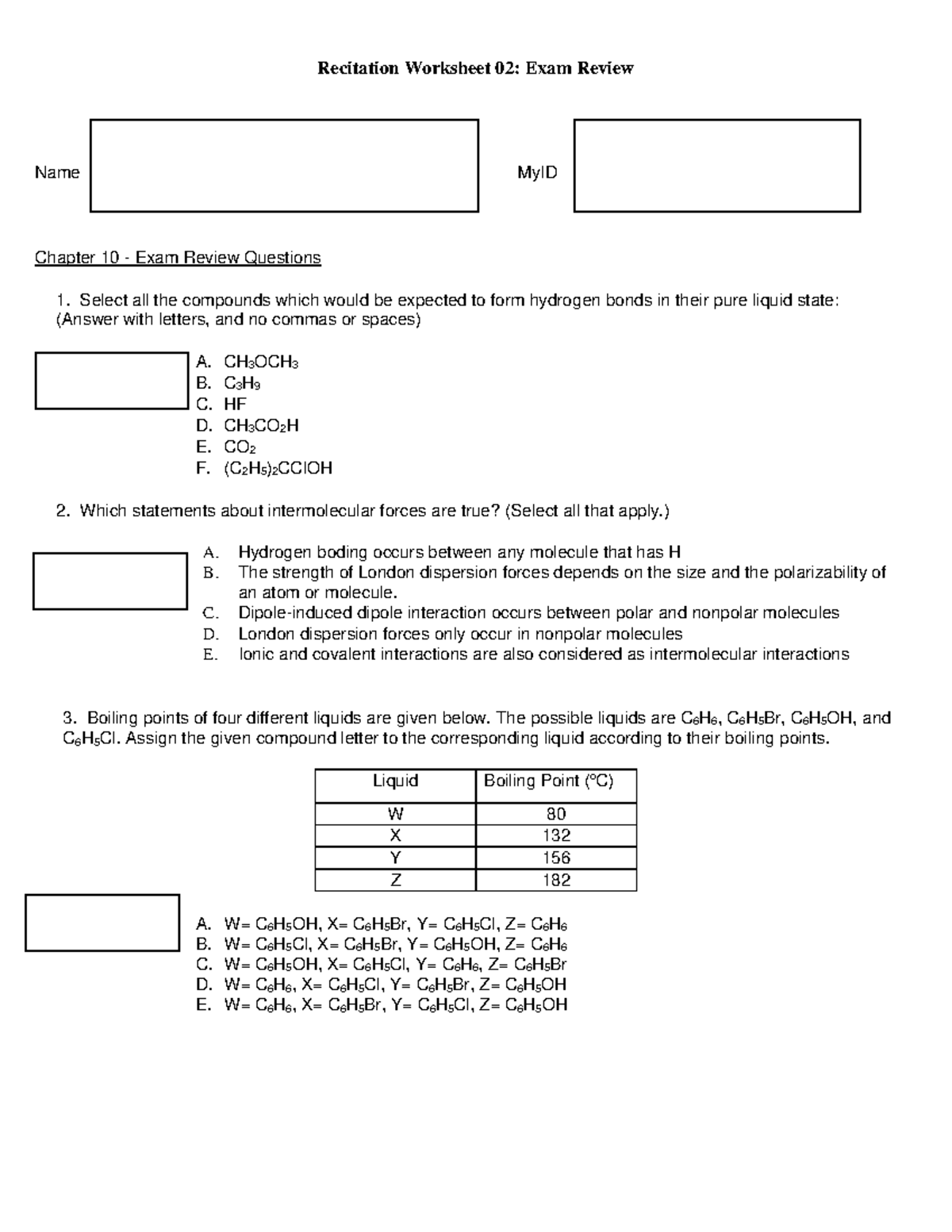 Exam 1 Review Recitation Worksheet - Name MyID Chapter 10 - Exam Review ...