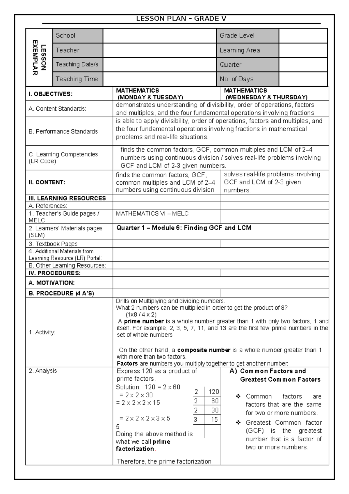 Q1 W4 MATH V - Lesson Exemplar - LESSON PLAN – GRADE V LESSON EXEMPLAR ...
