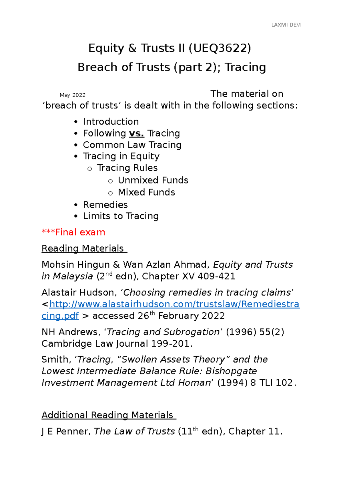 Breach of Trusts Part 2-Tracing - Equity & Trusts II (UEQ3622) Breach ...