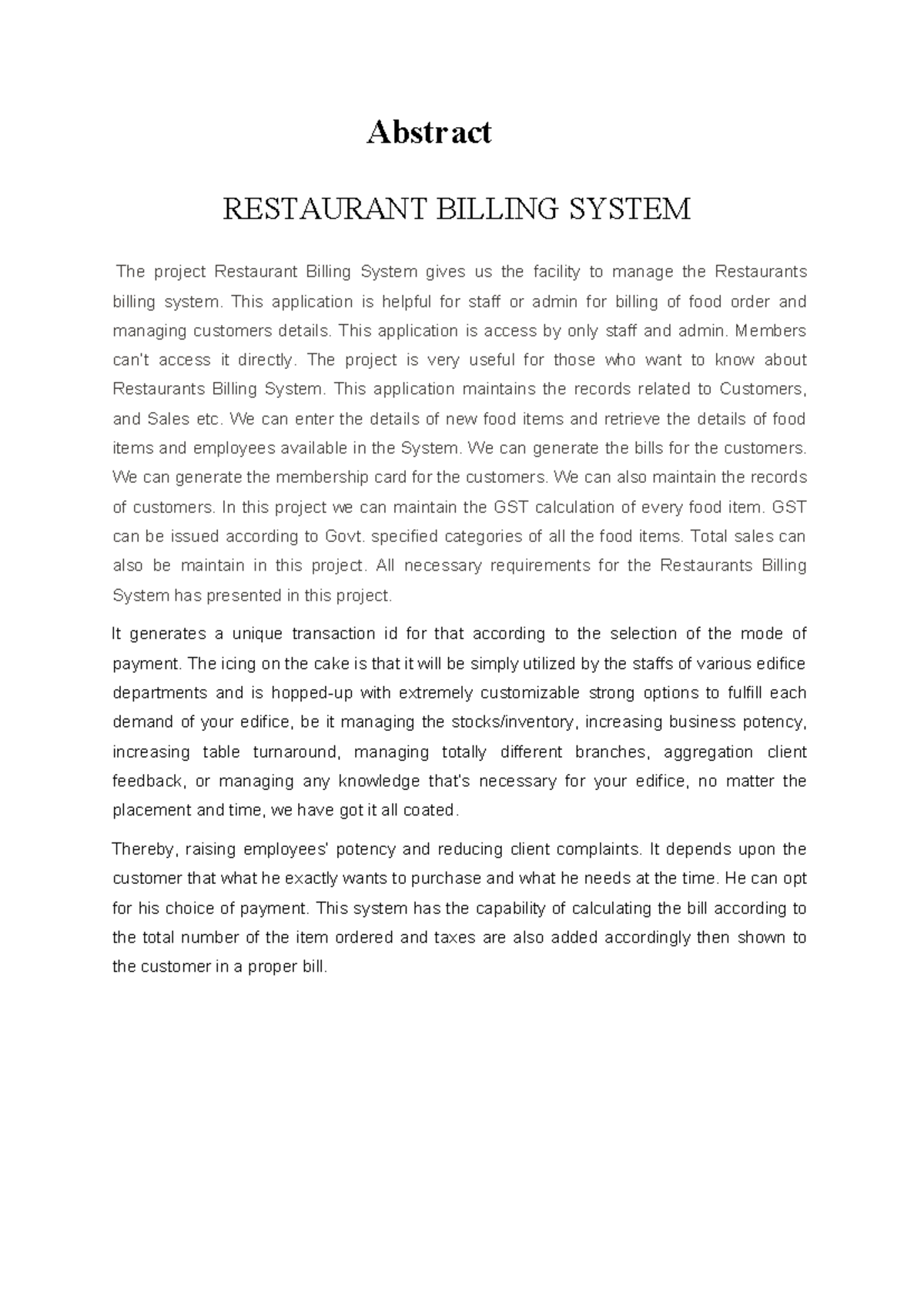 Hotel_Billing_project_python - Abstract RESTAURANT BILLING SYSTEM The ...