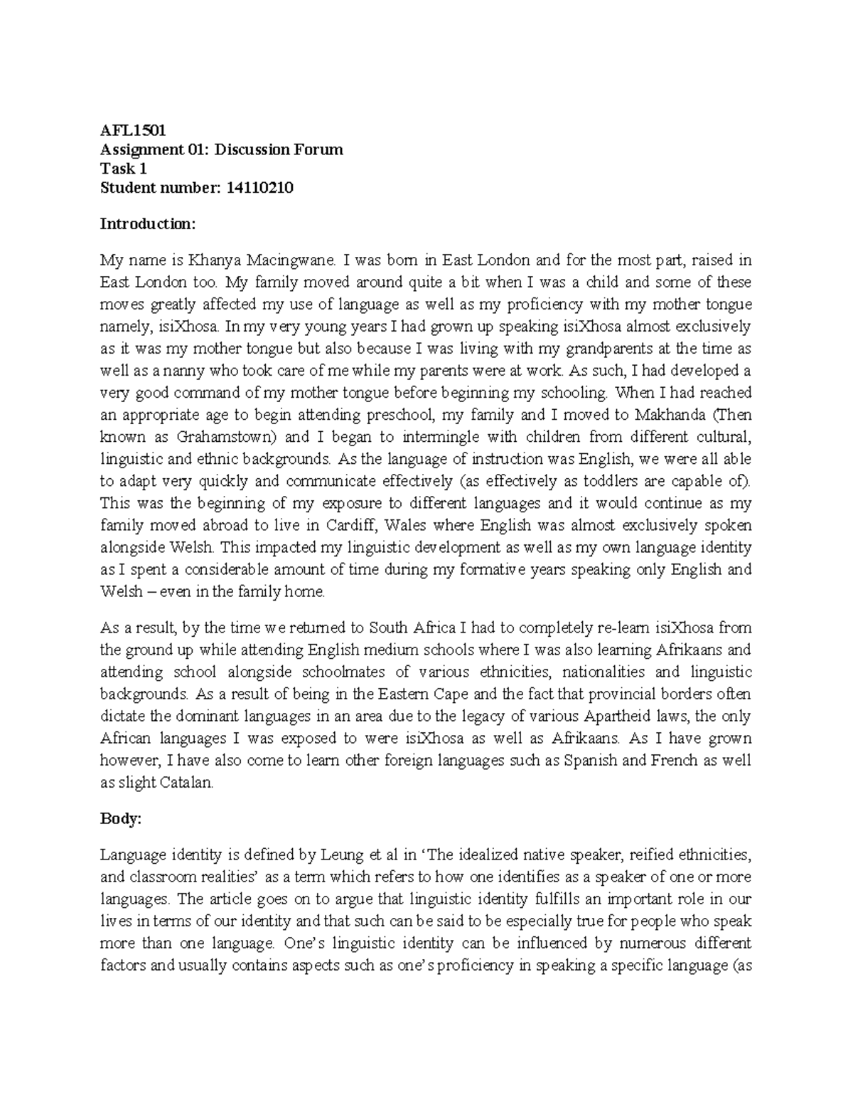 AFL1501 assignment 1 - AFL Assignment 01: Discussion Forum Task 1 Student number: 14110210 - Studocu
