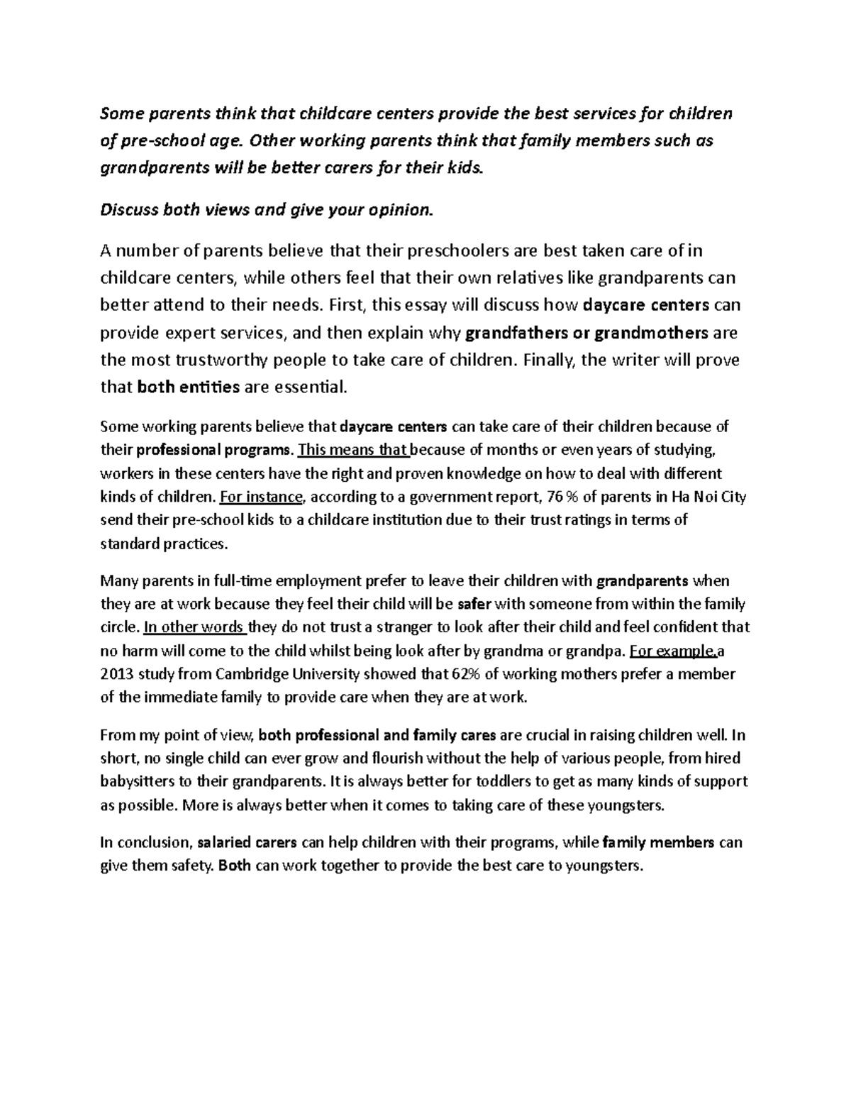 Both views and own opinion essay sample - Some parents think that ...