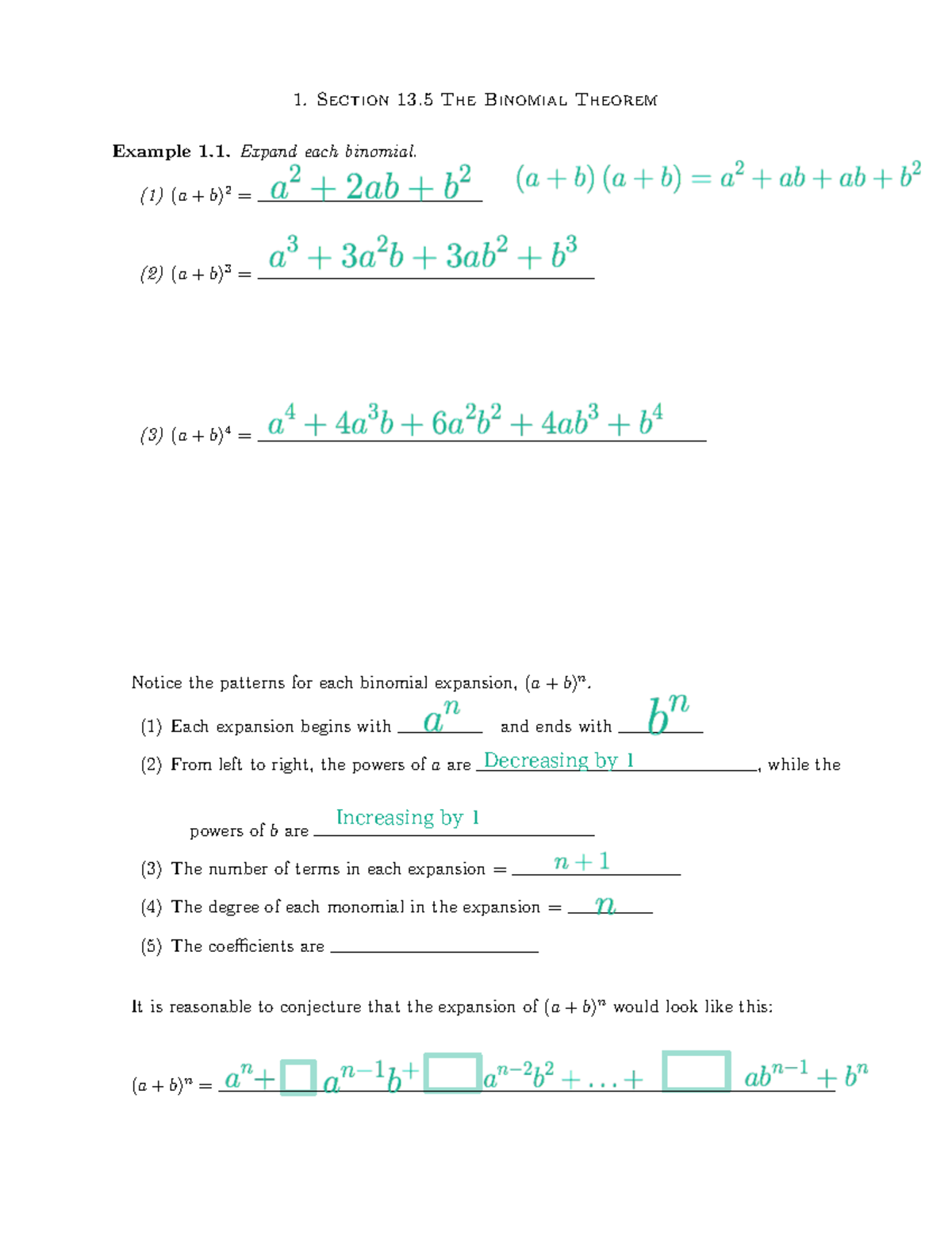 13.5 Binomial Theorm - Section 13 The Binomial Theorem Example 1.1 each ...