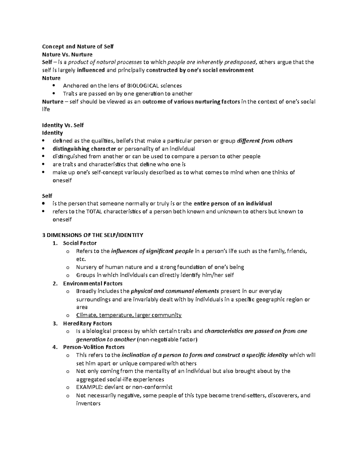 Concept and Nature of Self - Nurture Self is a product of natural ...