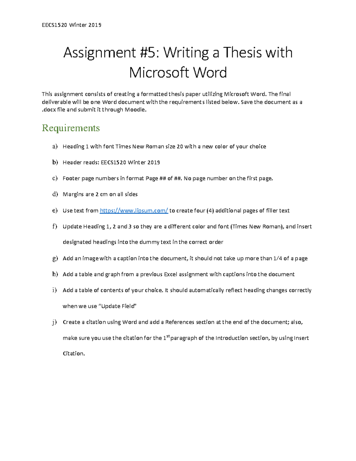 Assignment 5Word - EECS1520 Winter 2019 Assignment #5: Writing a Thesis ...