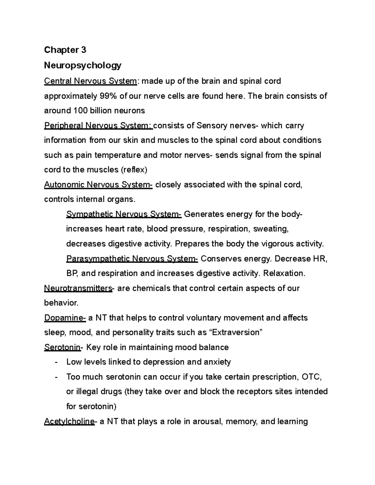 Psych Notes Chapter 3 - Chapter 3 Neuropsychology Central Nervous ...