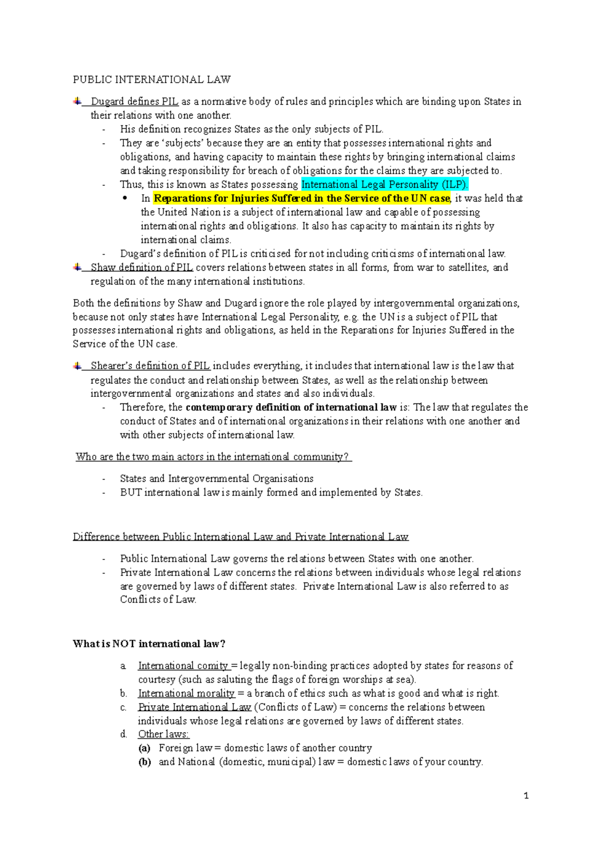 PBL Print Notes - PUBLIC INTERNATIONAL LAW Dugard defines PIL as a ...
