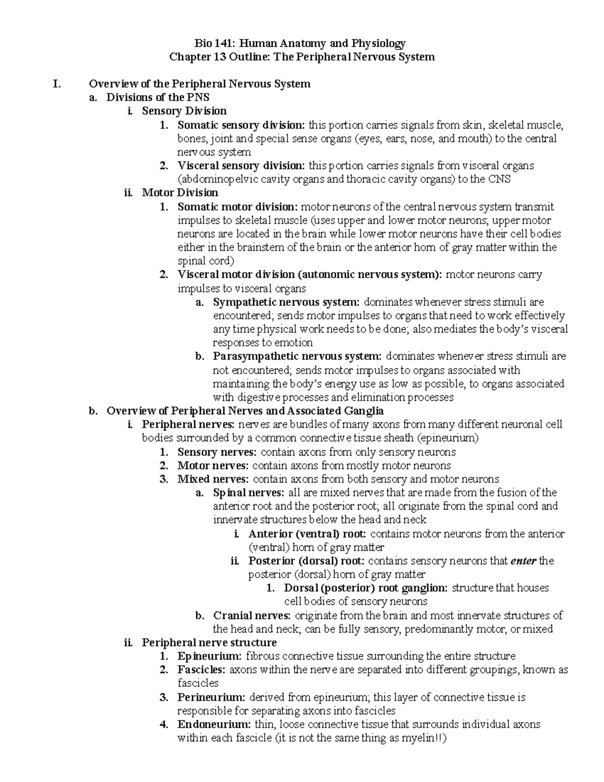 Bio141Chapter 13outline Fall2022 - Bio 141: Human Anatomy and ...