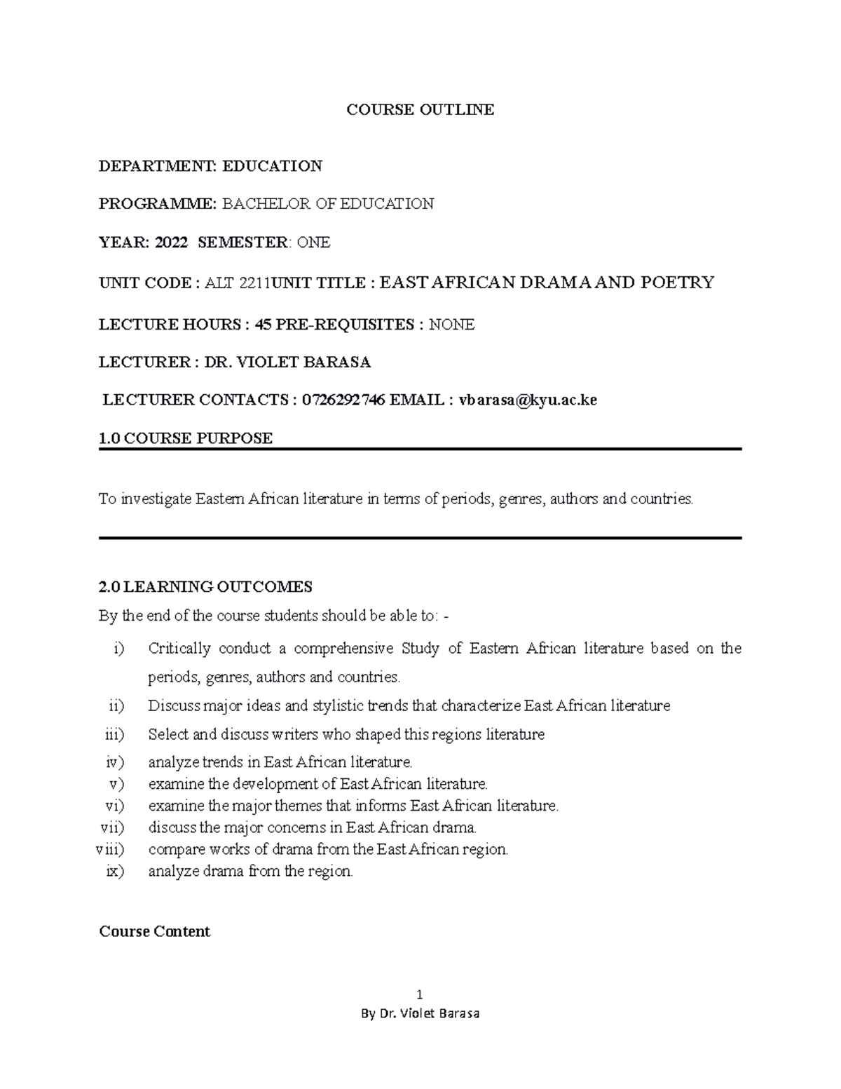 ALT 2211 EAST African Drama Course Outline - COURSE OUTLINE DEPARTMENT ...