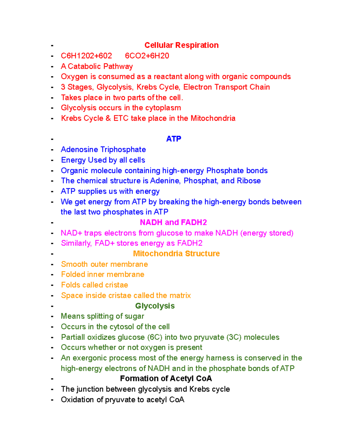 Personal Cellular Respiration Notes - Cellular Respiration C6H1202+602 ...