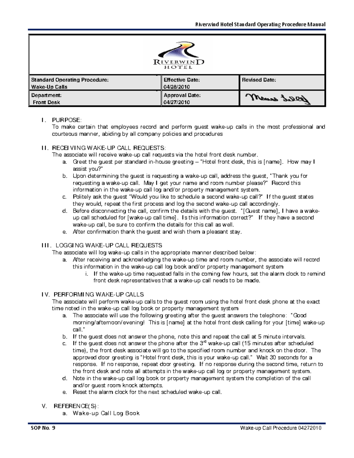 Wake up call - CLOTHING - Riverwind Hotel Standard Operating Procedure ...