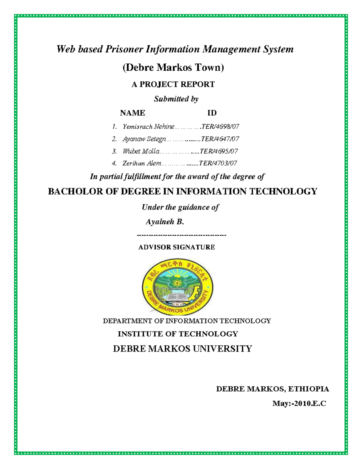 Prisoner information managment system - (Debre Markos Town) A PROJECT ...