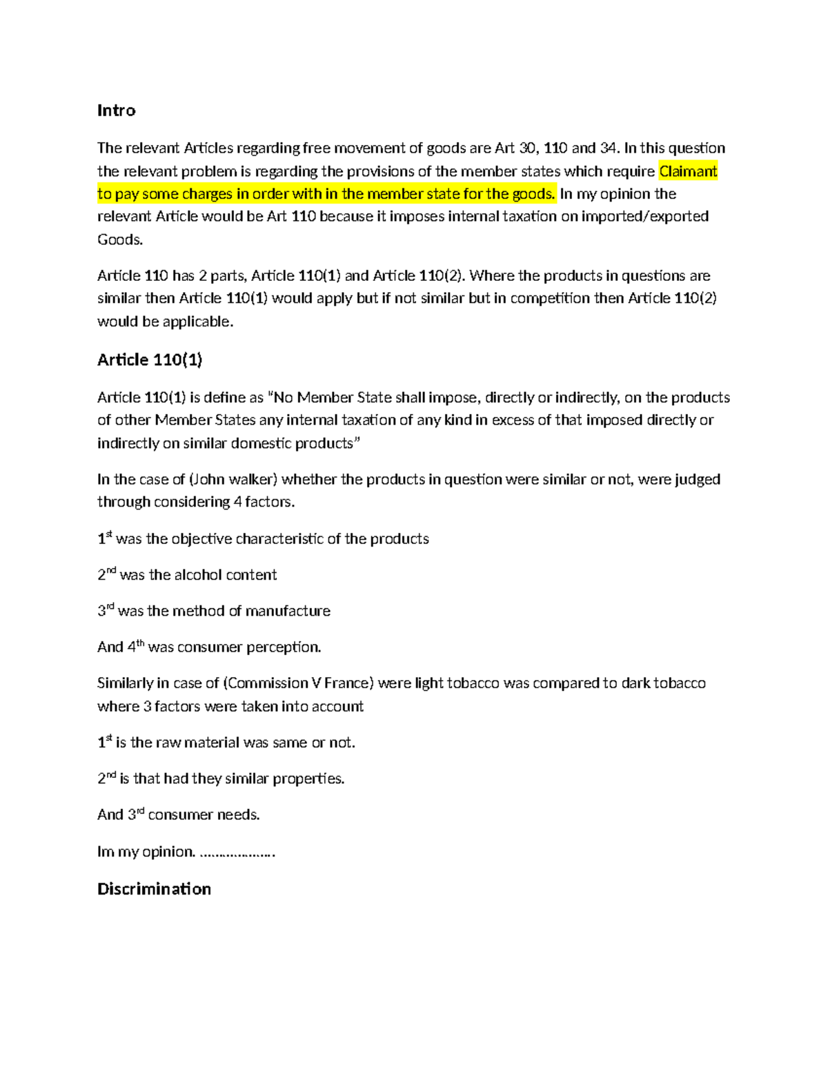 Goods Article 110 - Intro The relevant Articles regarding free movement ...