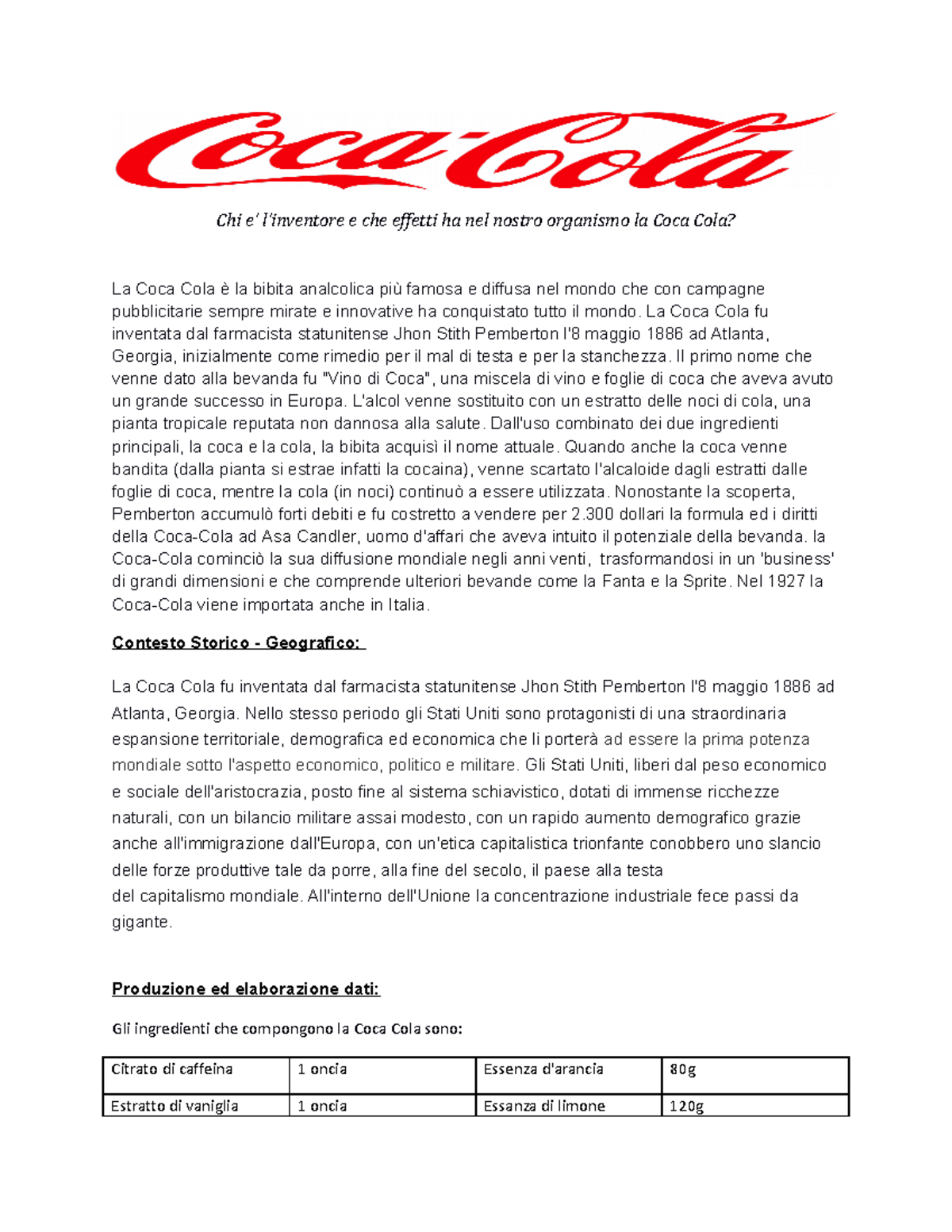 Coca Cola - coca cola - Chi e’ l’inventore e che effetti ha nel nostro ...