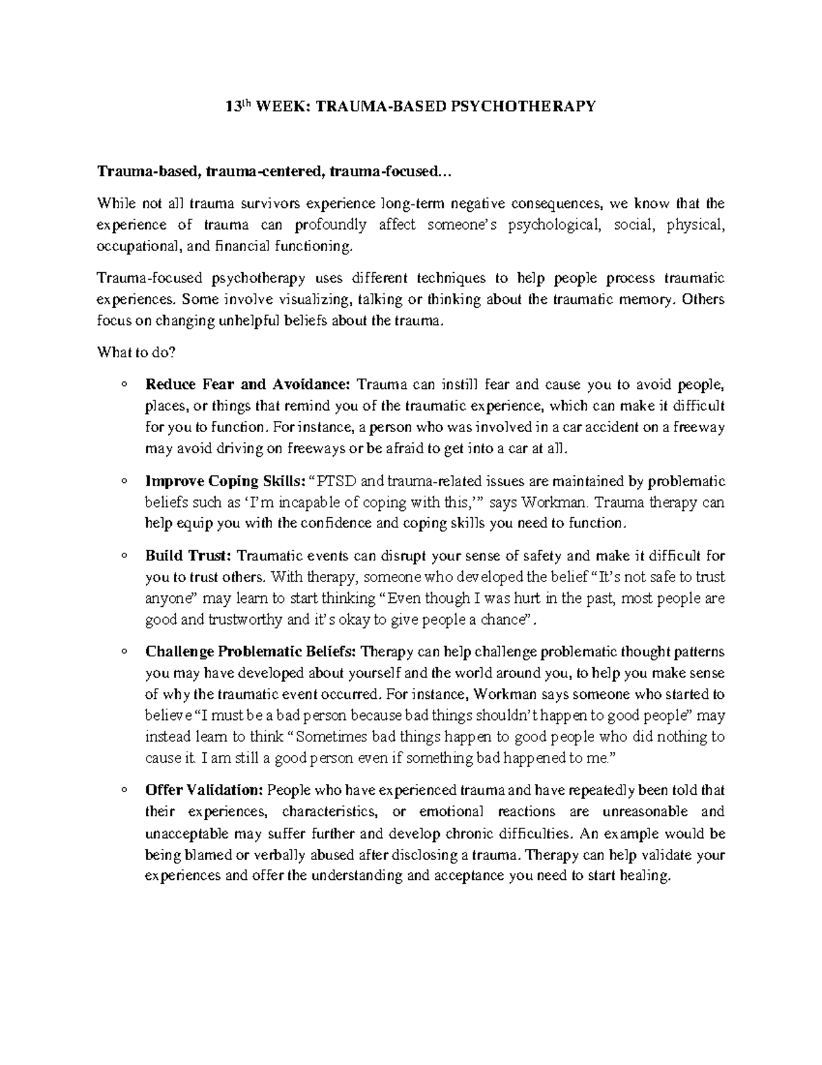 13th week - notes - trauma - 13 th WEEK: TRAUMA-BASED PSYCHOTHERAPY ...