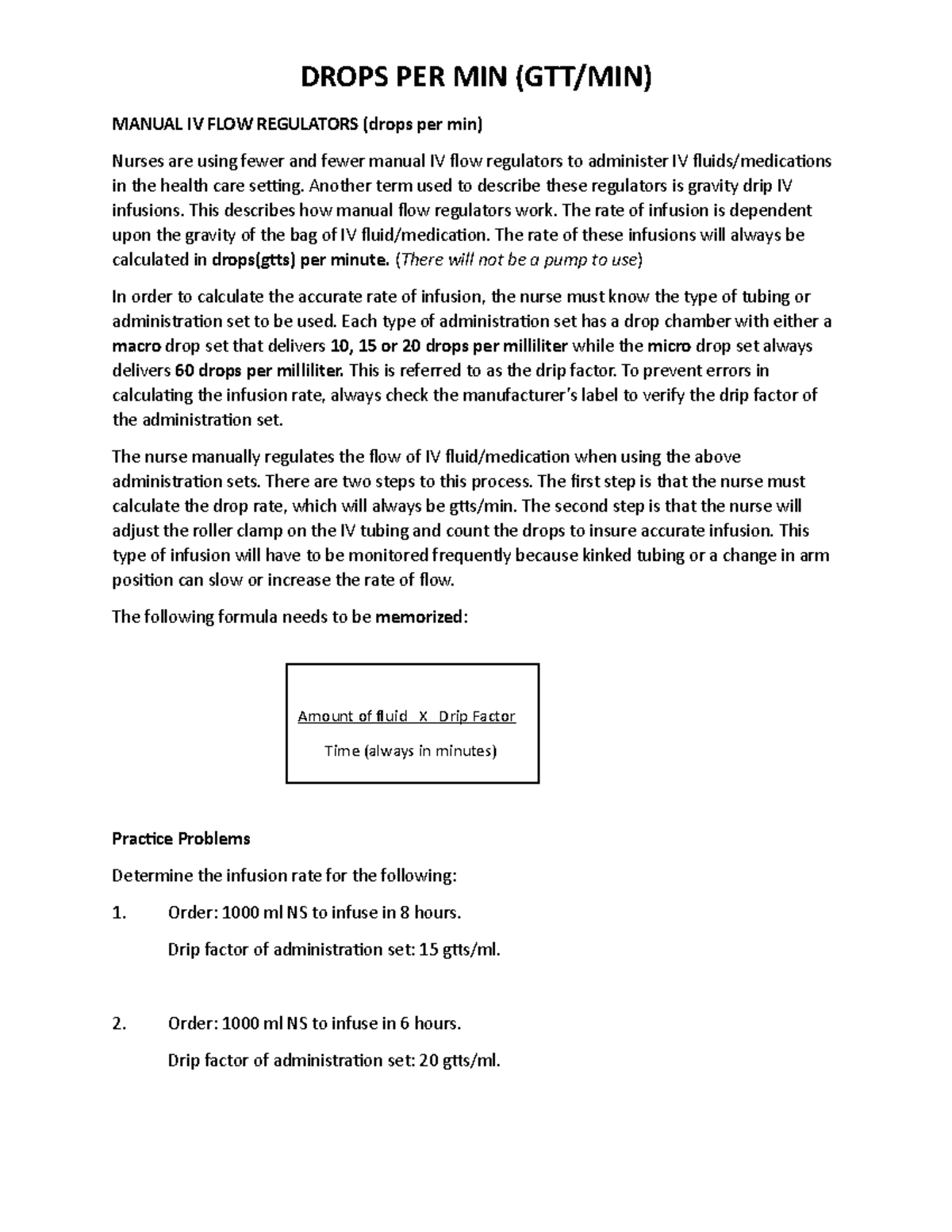 Drops PER MIN Practice Problems - DROPS PER MIN (GTT/MIN) MANUAL IV ...