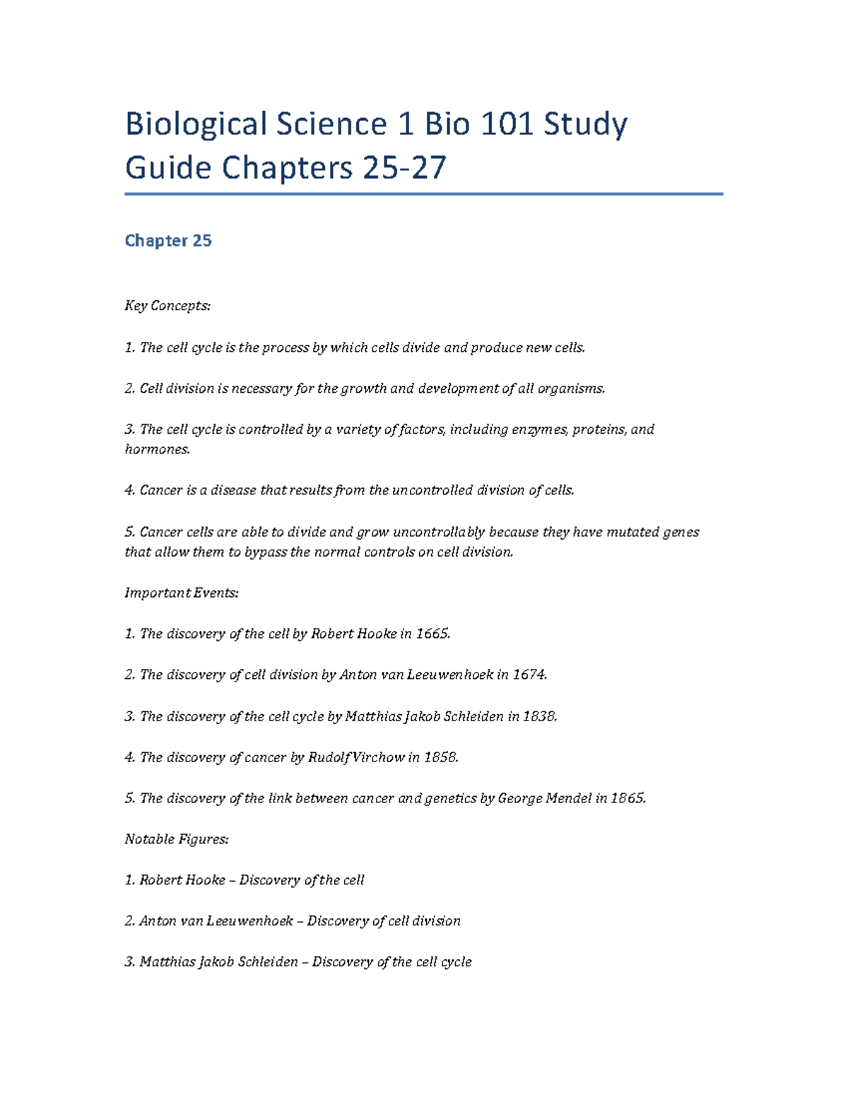 Biological Science 1 Bio 101 Study Guide Chapters 25-27 - Cell division ...