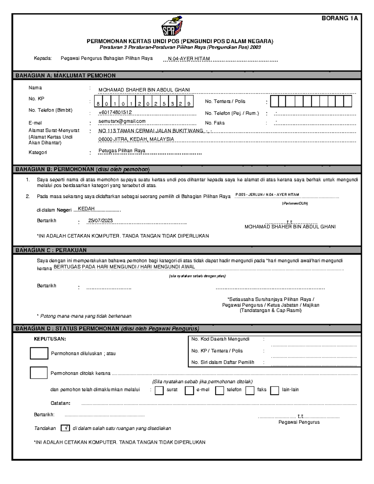 Borang Undi Pos-20230725 - BORANG 1A PERMOHONAN KERTAS UNDI POS ...