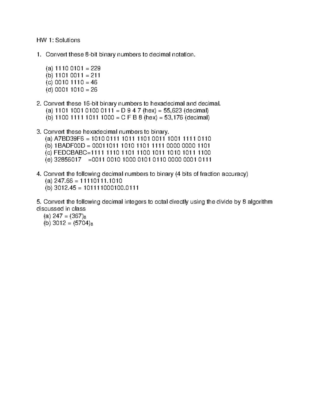 Solutions HW1 HW 1 Solutions Convert These 8 bit Binary Numbers To