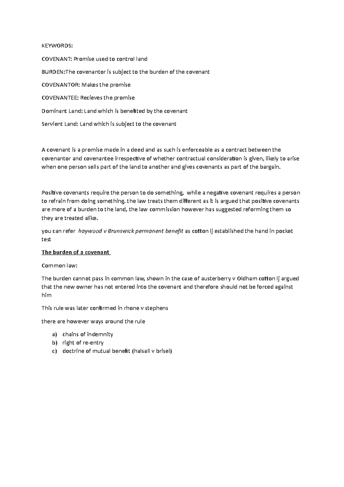 Freehold Covenants - Summary Land Law - KEYWORDS: COVENANT: Promise ...