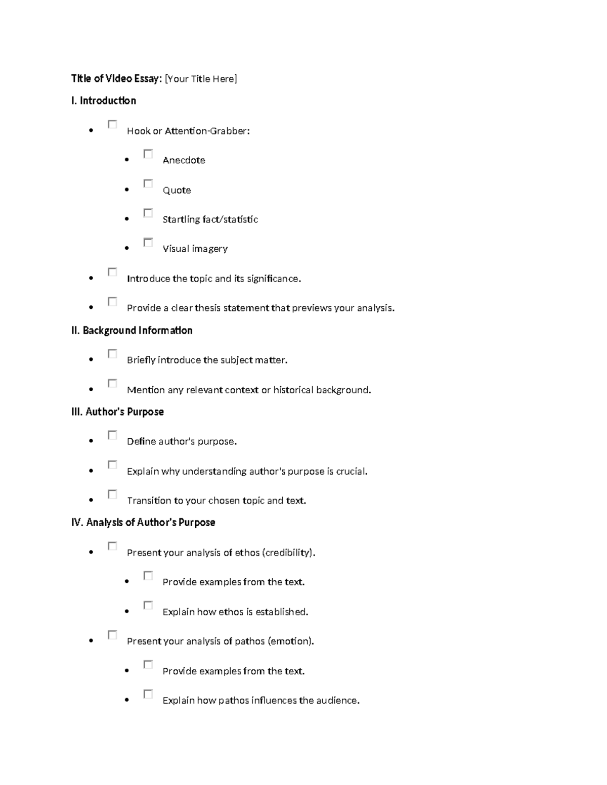 Video essay outline - sadd - Title of Video Essay: [Your Title Here] I ...