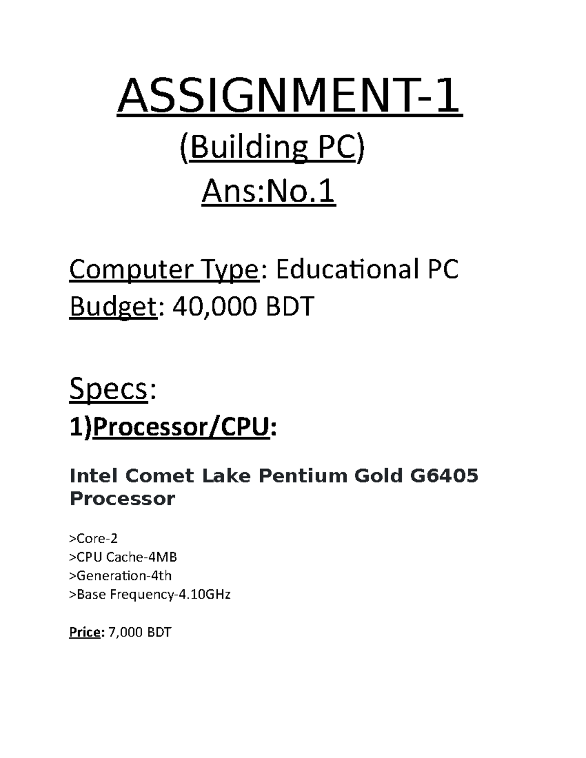 Assignment-1 - Assignment on making a budget PC - ASSIGNMENT- (Building PC) Ans:No. Computer ...