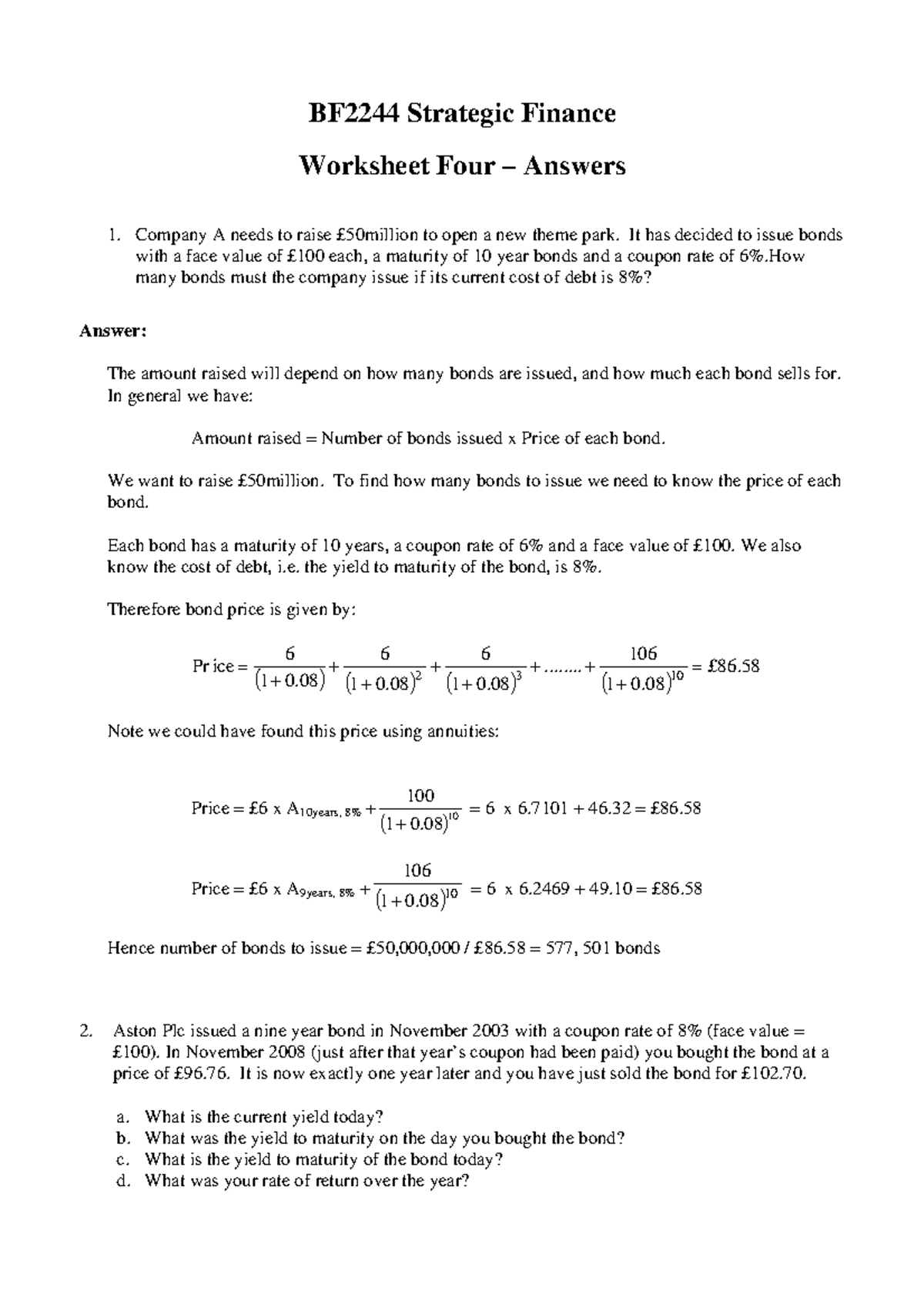 SF Tutorial Four Answers - BF2244 Strategic Finance Worksheet Four ...